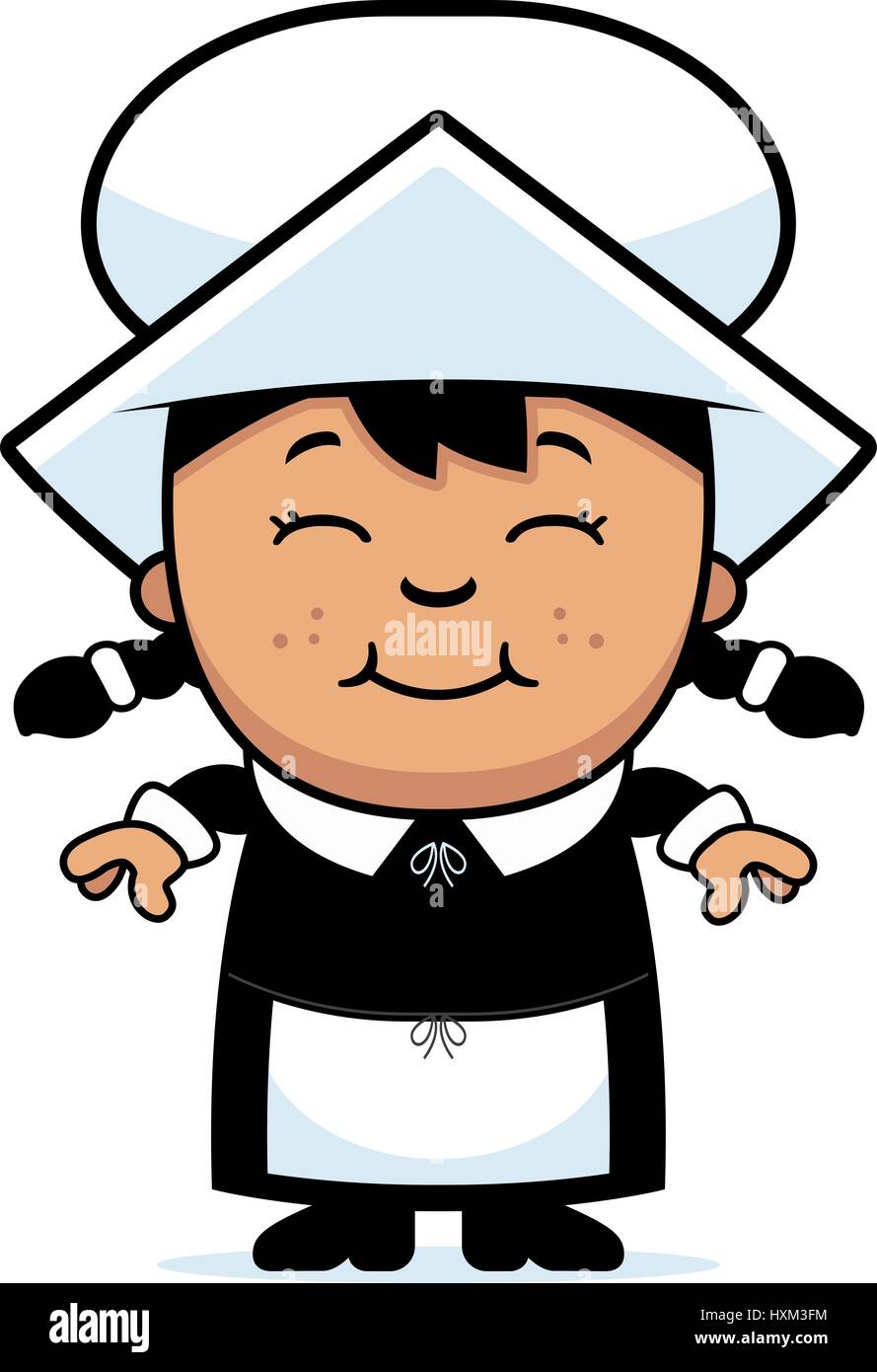 A cartoon illustration of a girl pilgrim standing and smiling Stock ...