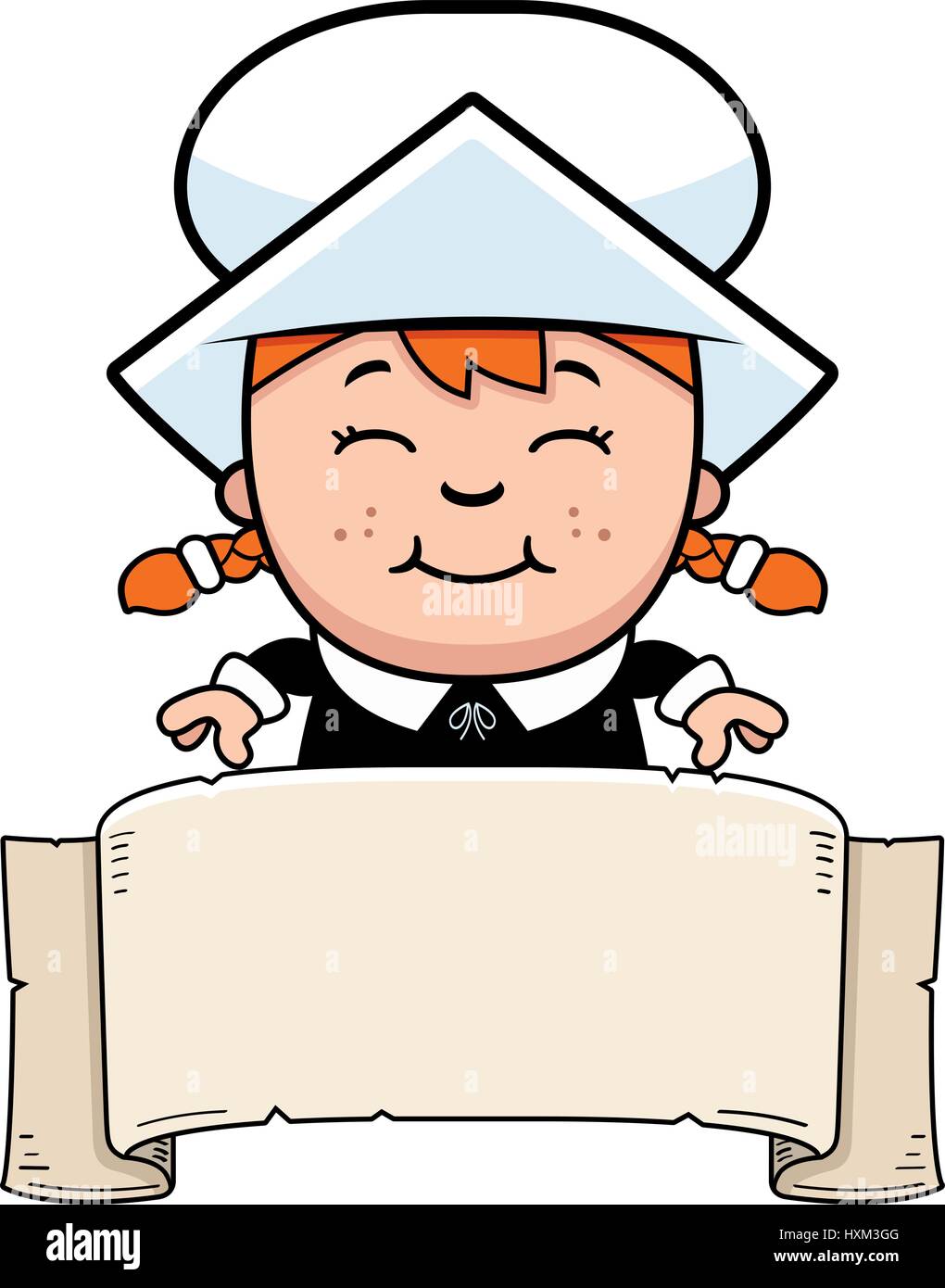 A cartoon illustration of a girl pilgrim with a banner Stock Vector ...