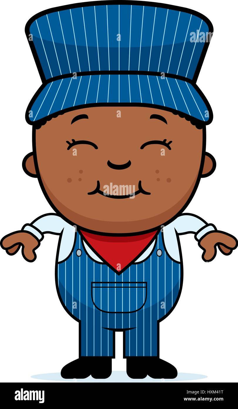 A cartoon illustration of a boy train conductor standing and smiling ...