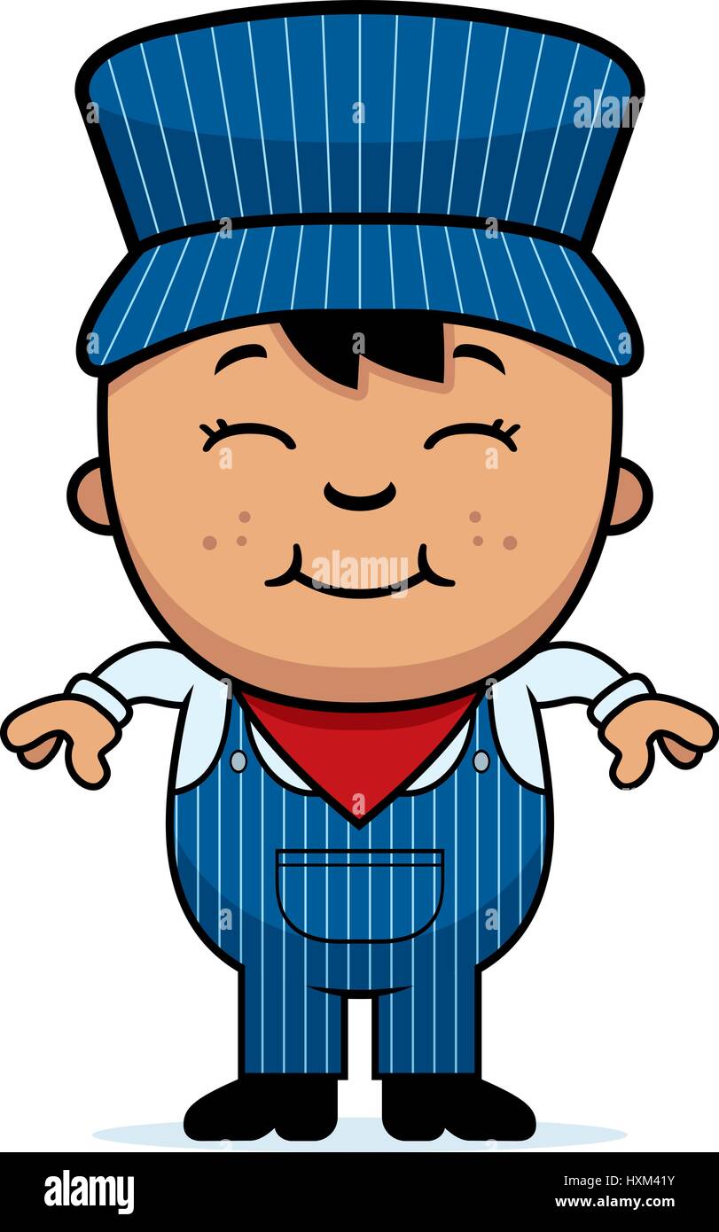 A cartoon illustration of a boy train conductor standing and smiling ...