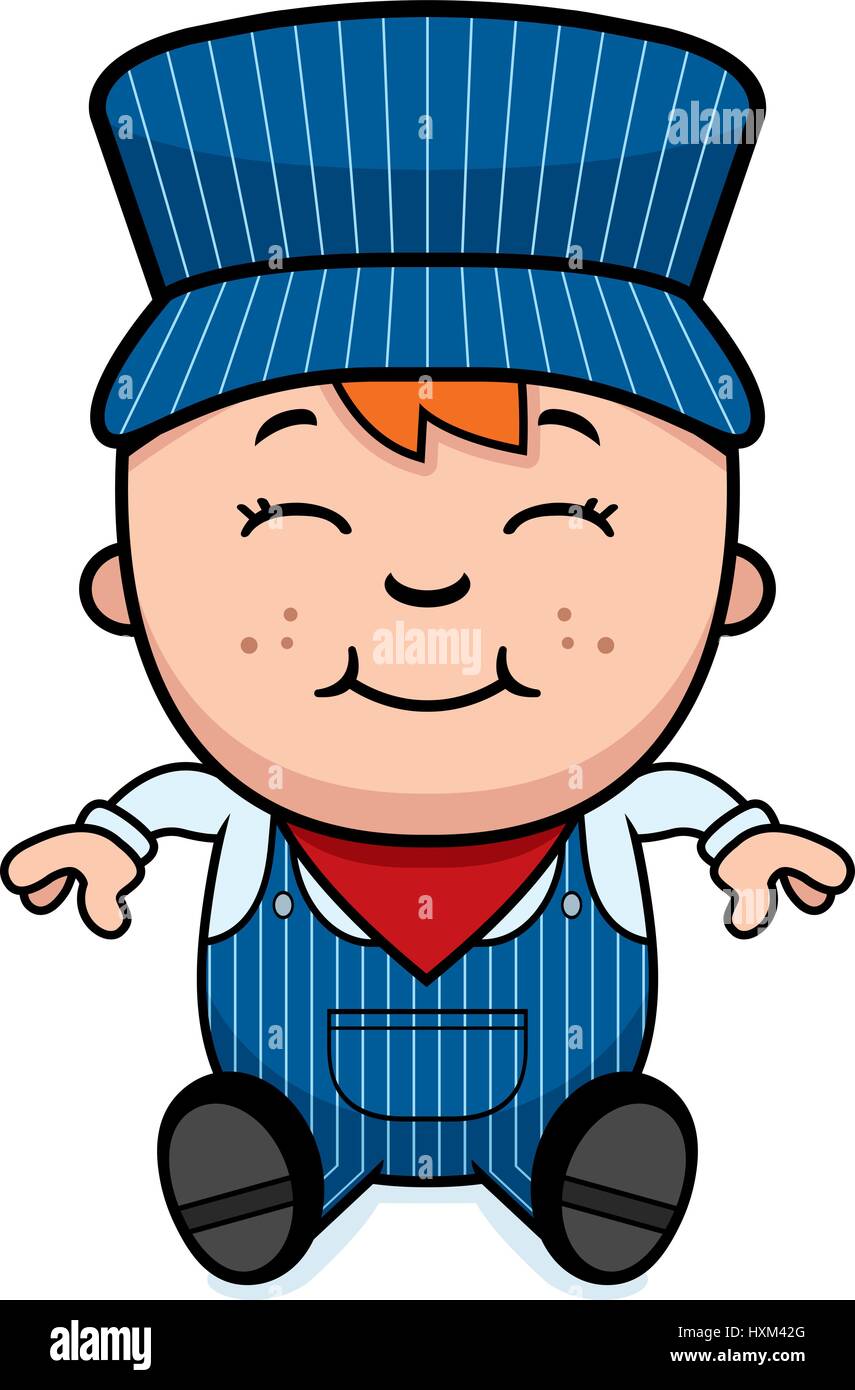 A cartoon illustration of a boy train conductor sitting and smiling ...