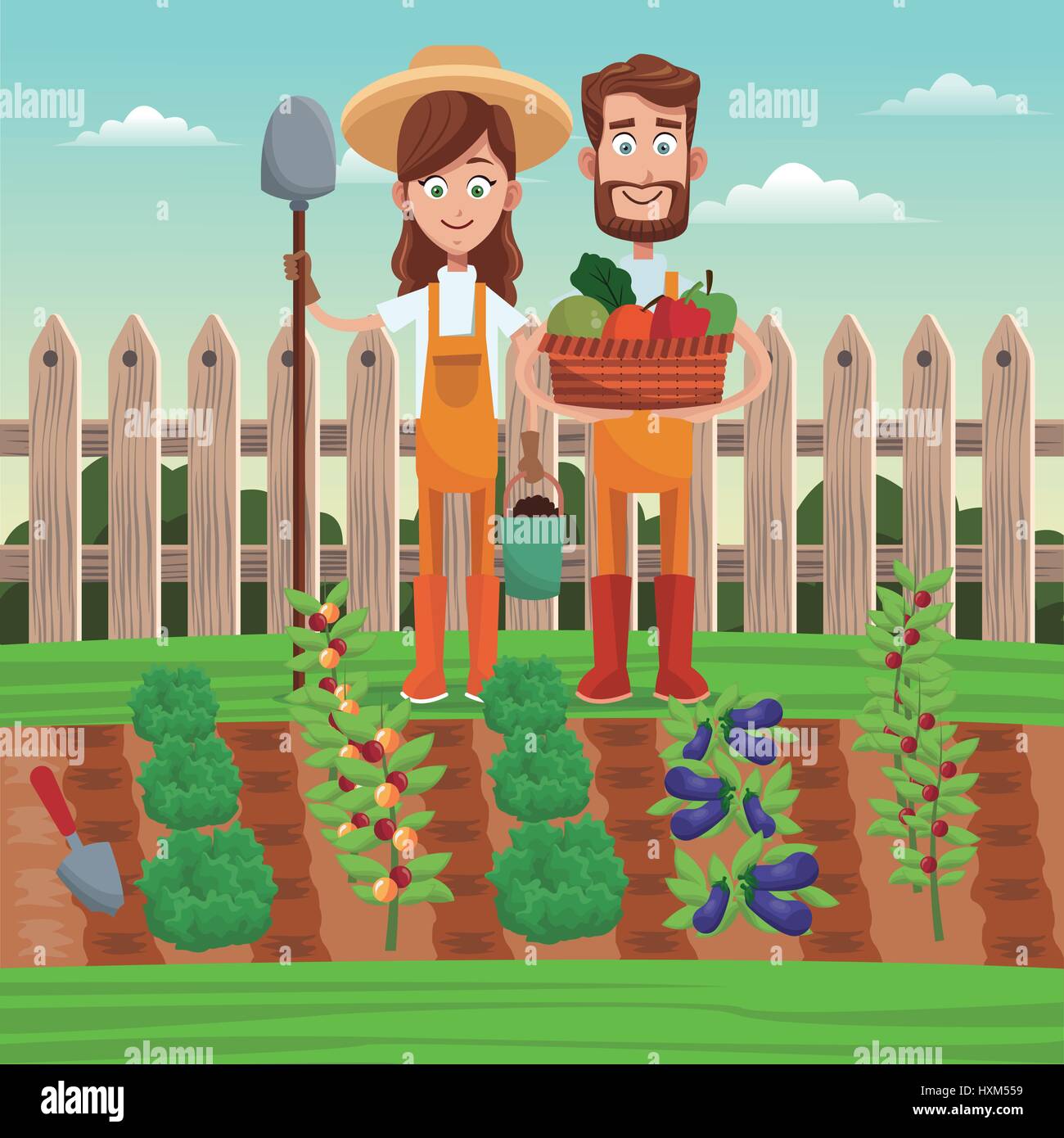 couple farmers vegetable basket field fence Stock Vector Image & Art ...