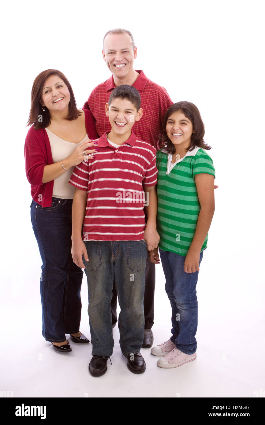 Happy Hispanic family portrait smiling isolated on white background ...