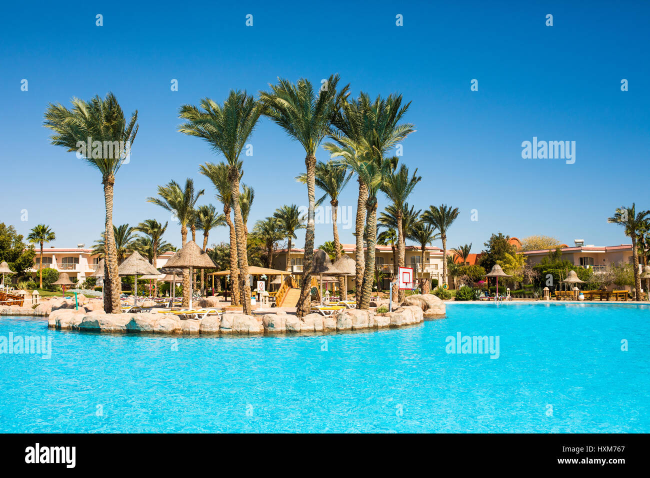 Tropical resort pool with lounge chairs, palm trees, and ocean view Stock Photo - Alamy