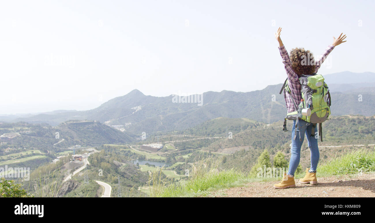 Happy female traveler backpack standing hi-res stock photography and ...