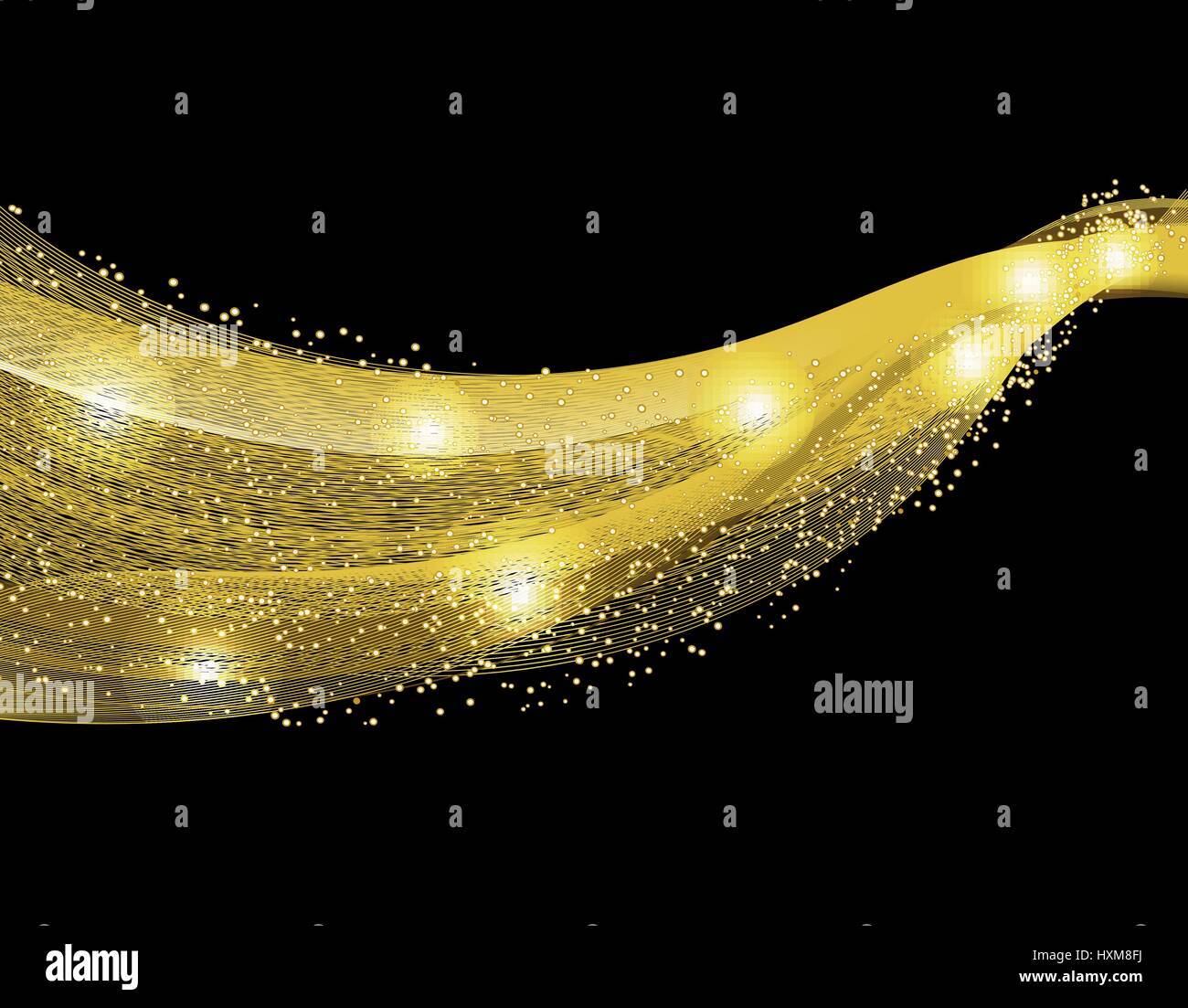 Abstract gold wave design element with glitter effect on dark background. illustration Stock ...