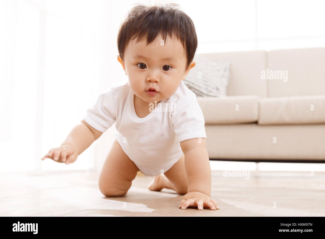 Baby crawling on floor Stock Photo - Alamy