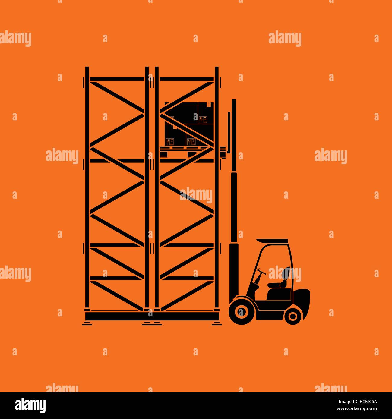 Warehouse forklift icon. Orange background with black. Vector ...