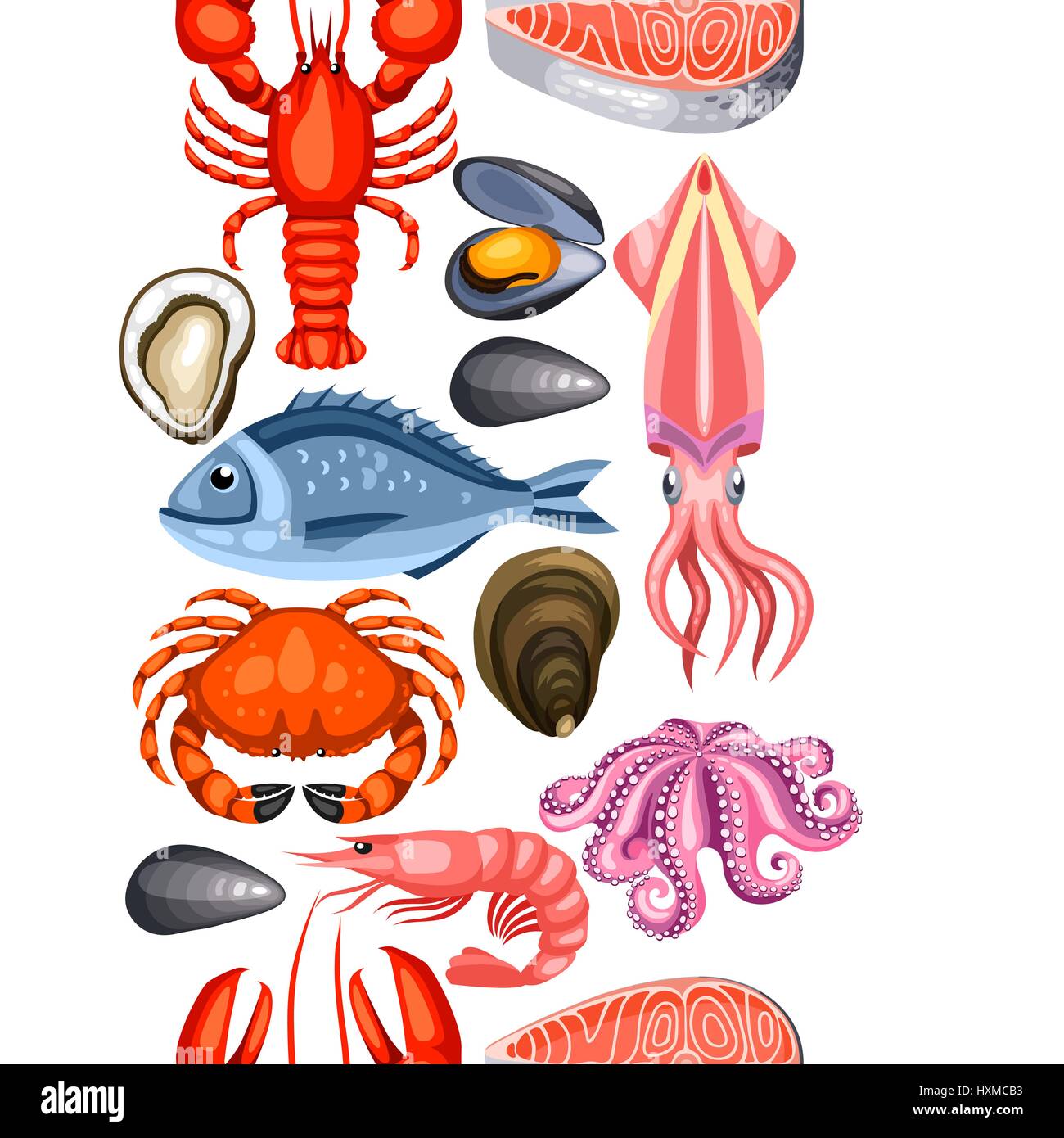 Seamless pattern with various seafood. Illustration of fish, shellfish ...