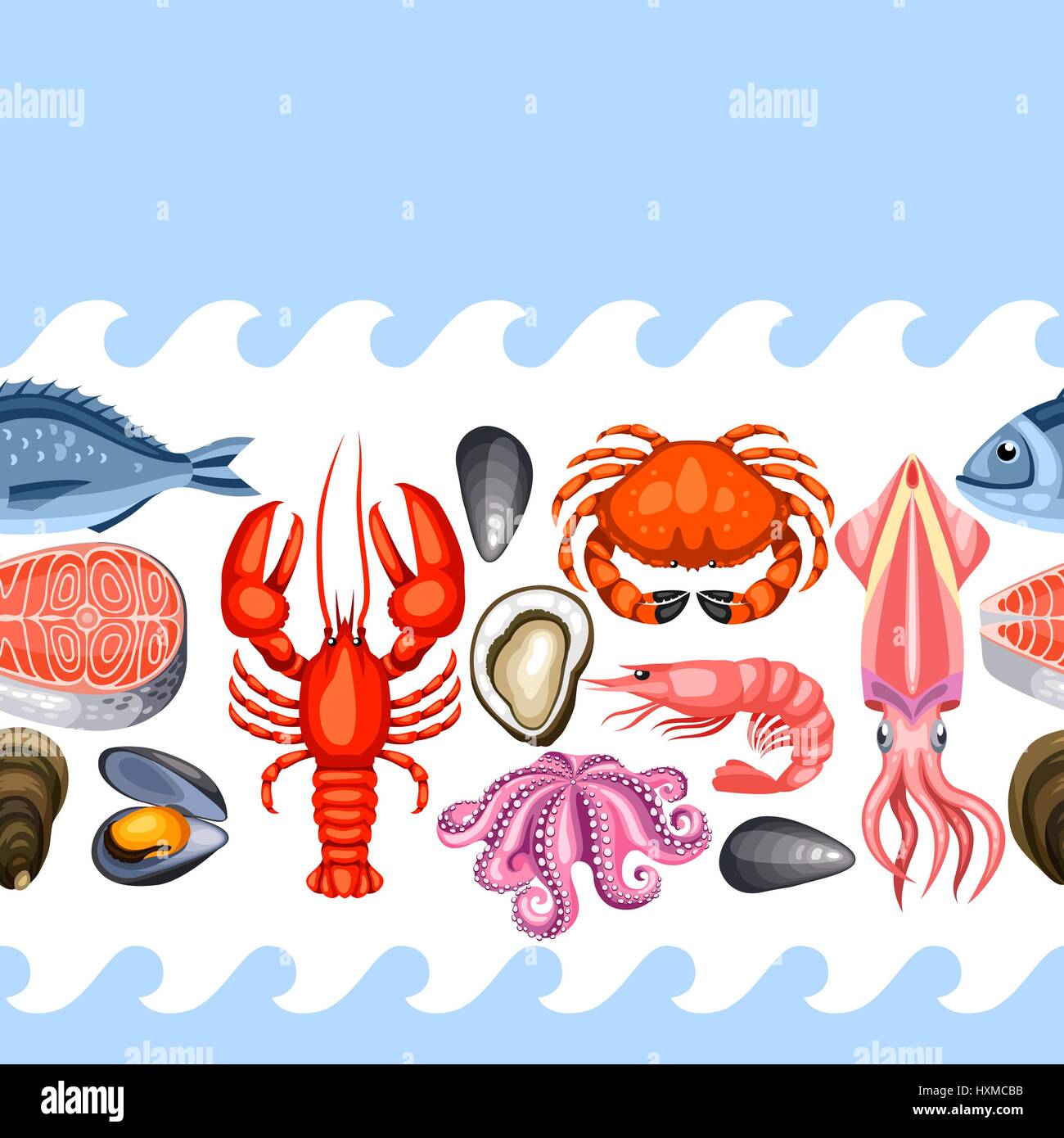 Seamless pattern with various seafood. Illustration of fish, shellfish ...