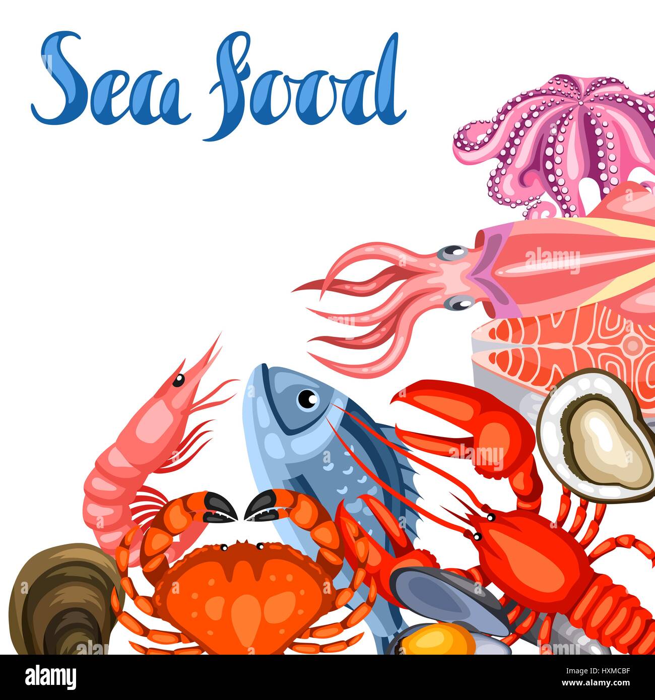 Background with various seafood. Illustration of fish, shellfish and ...