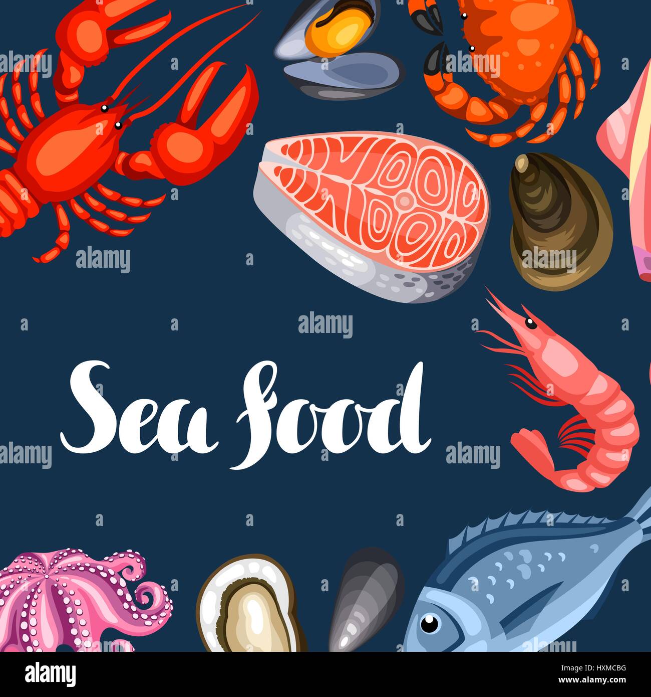 Background with various seafood. Illustration of fish, shellfish and ...