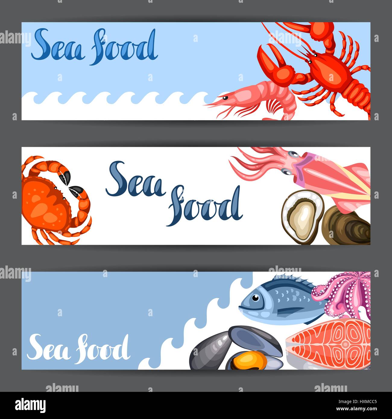 Banners with various seafood. Illustration of fish, shellfish and ...