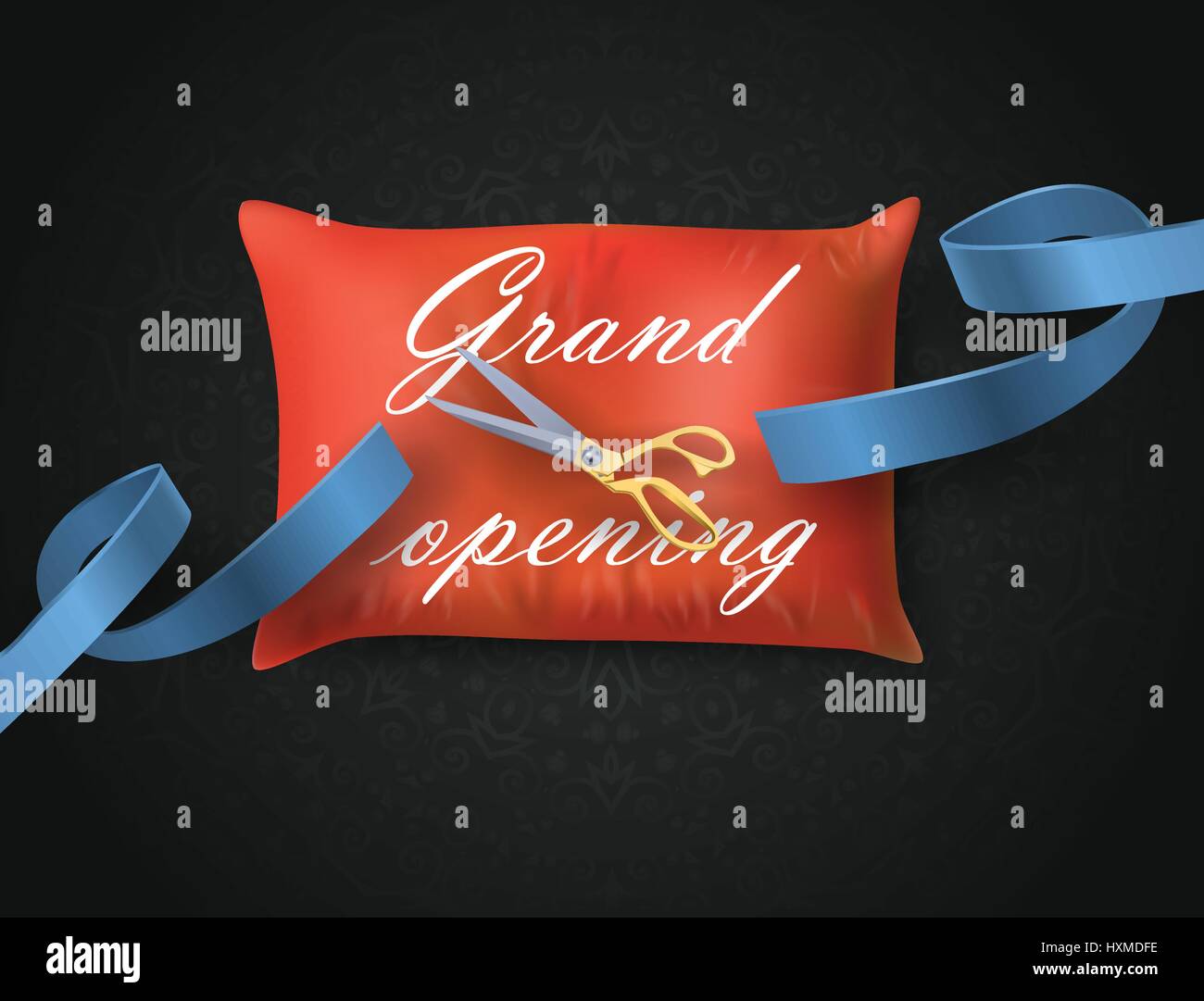 Grand opening card with blue ribbon, scissors on the pillow. Vector ...