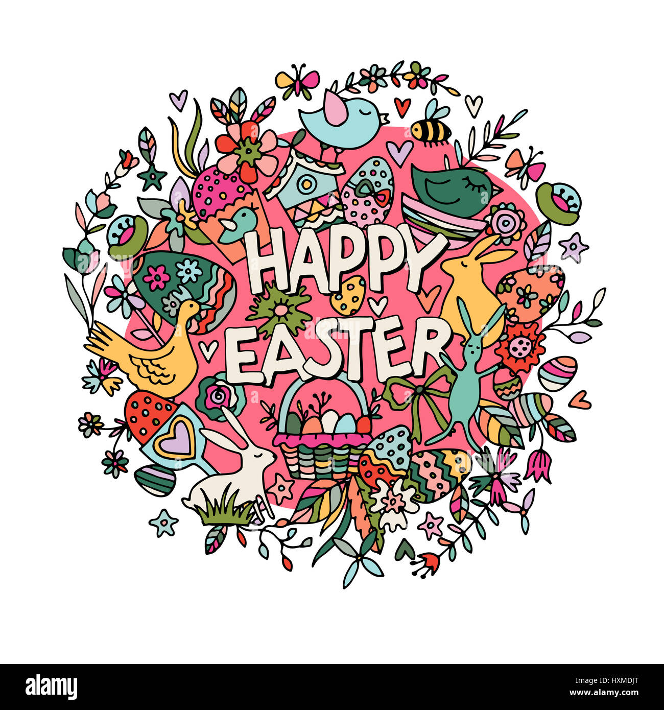 Cartoon hand drawn Doodle Happy Easter illustration. Line art detailed ...