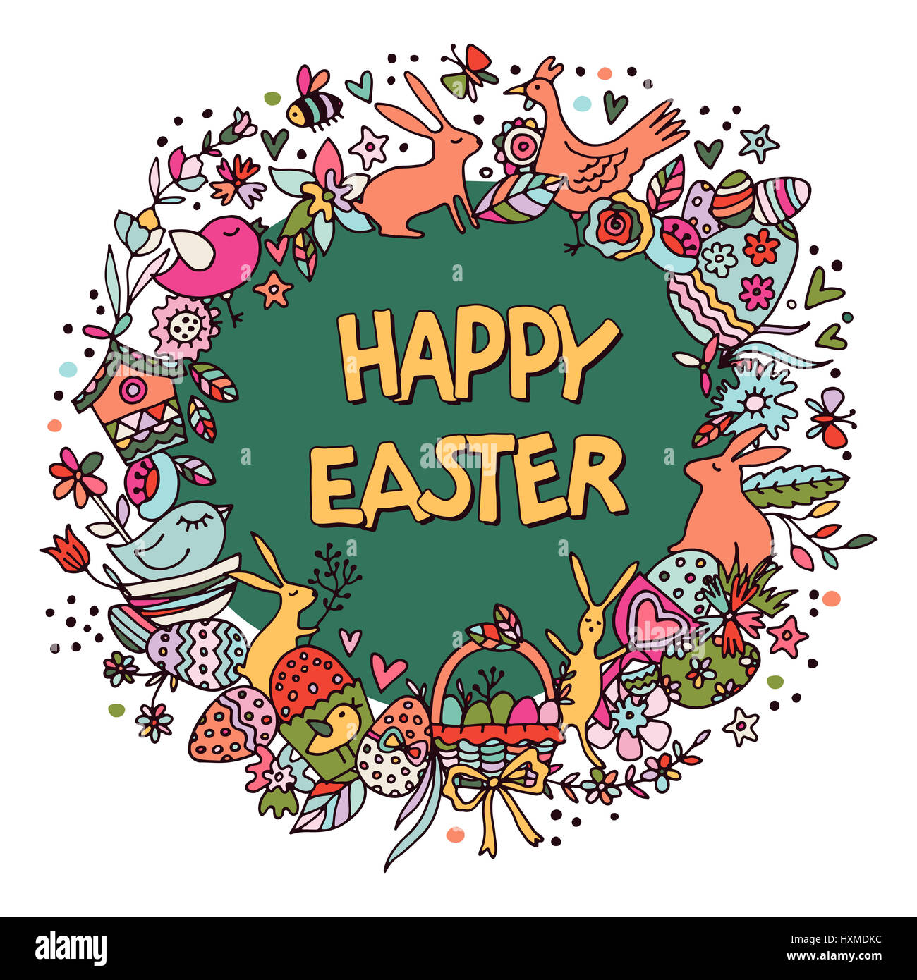 Cartoon hand drawn Doodle Happy Easter illustration. Line art detailed ...