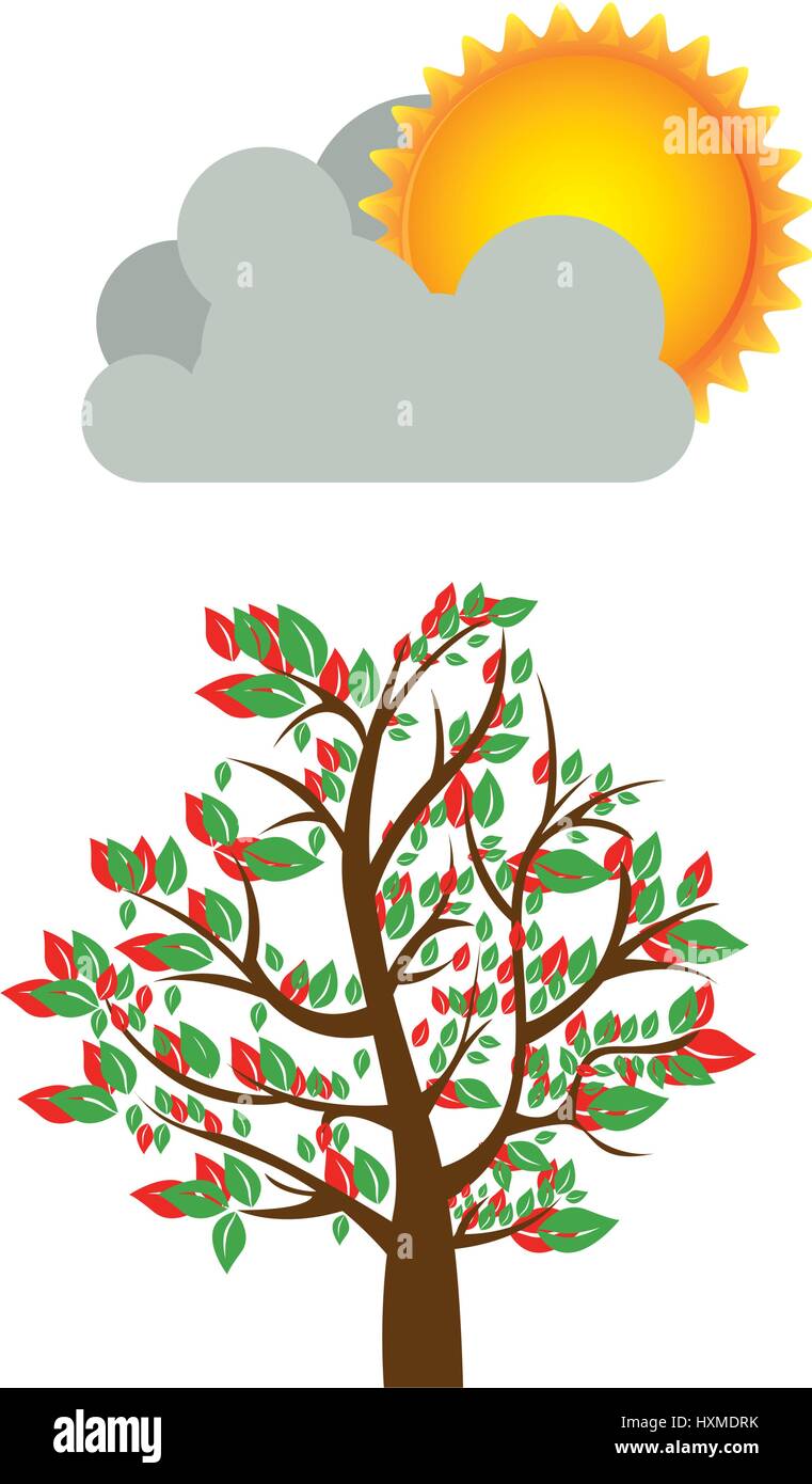 colorful spring picture with leafy tree with cloud and sun Stock Vector ...