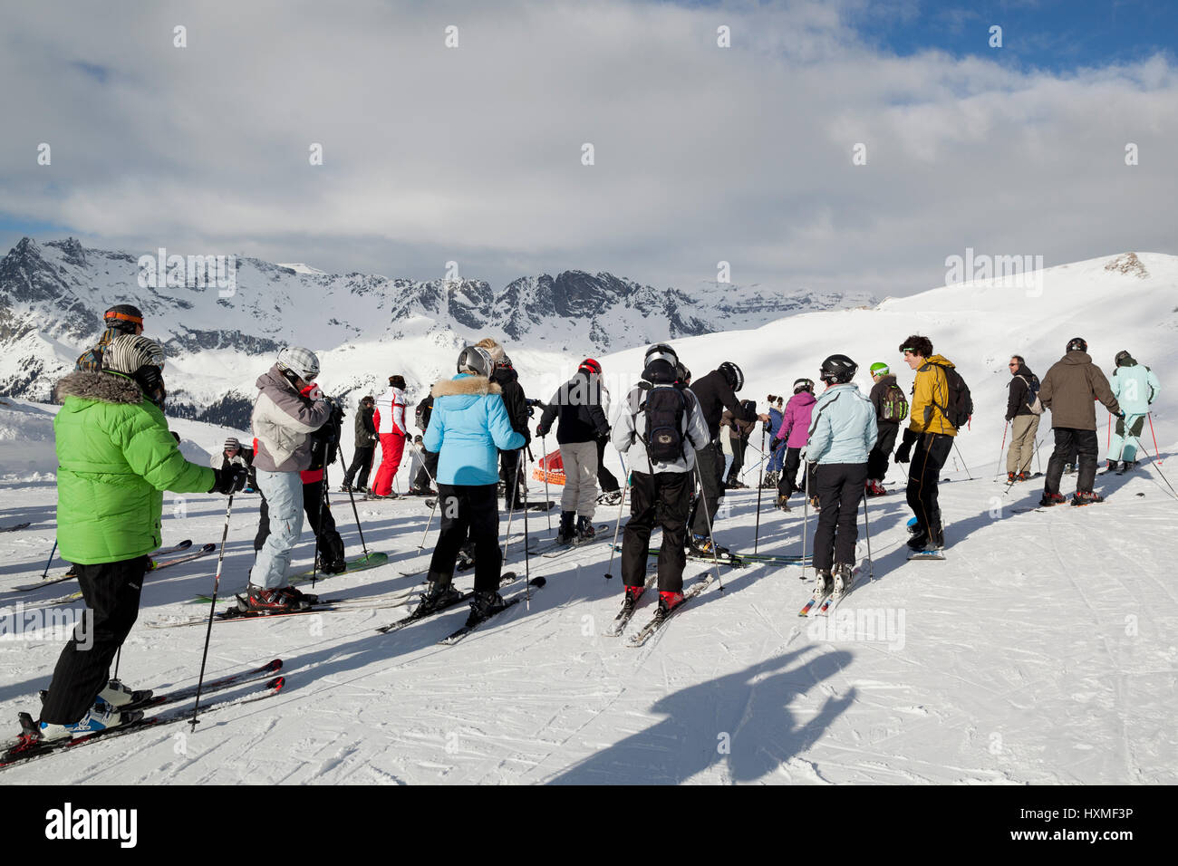 Skiers at Domaine de Balme ski resort in Le Tour outside of Chamonix ...