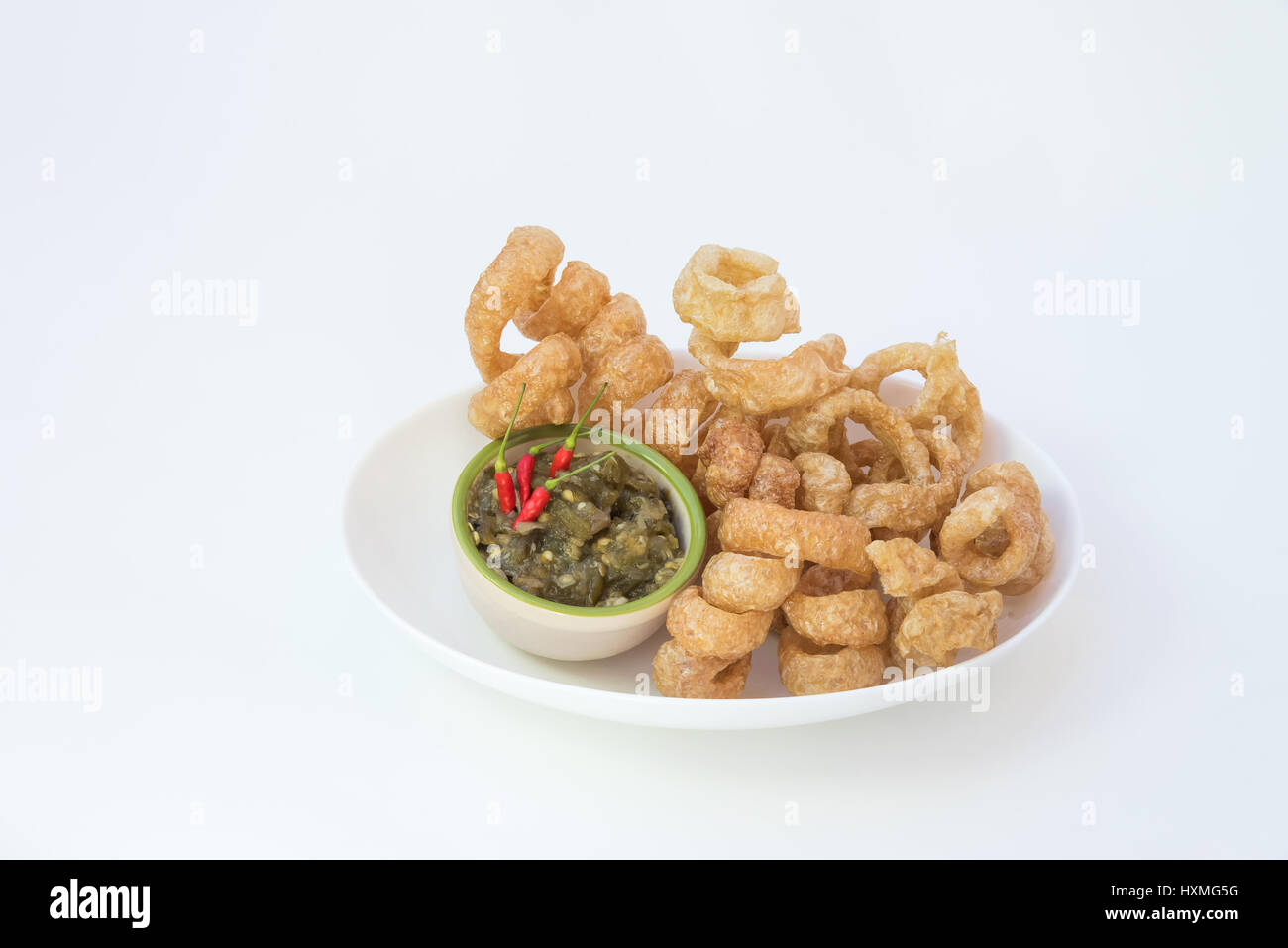 Fried pork rinds with green chili dip(Nam Prik Num) Local food in ...