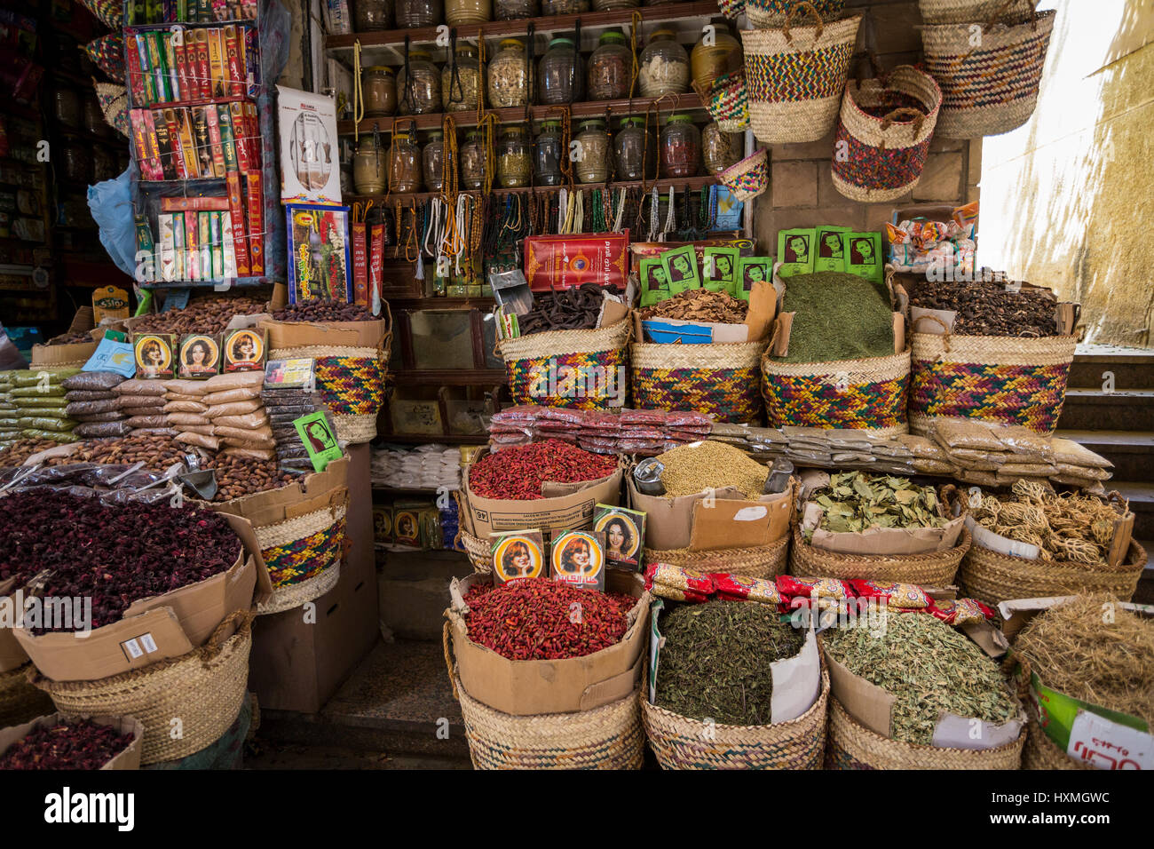 Traditional spices bazaar with herbs and spices in Aswan, Egypt Stock ...