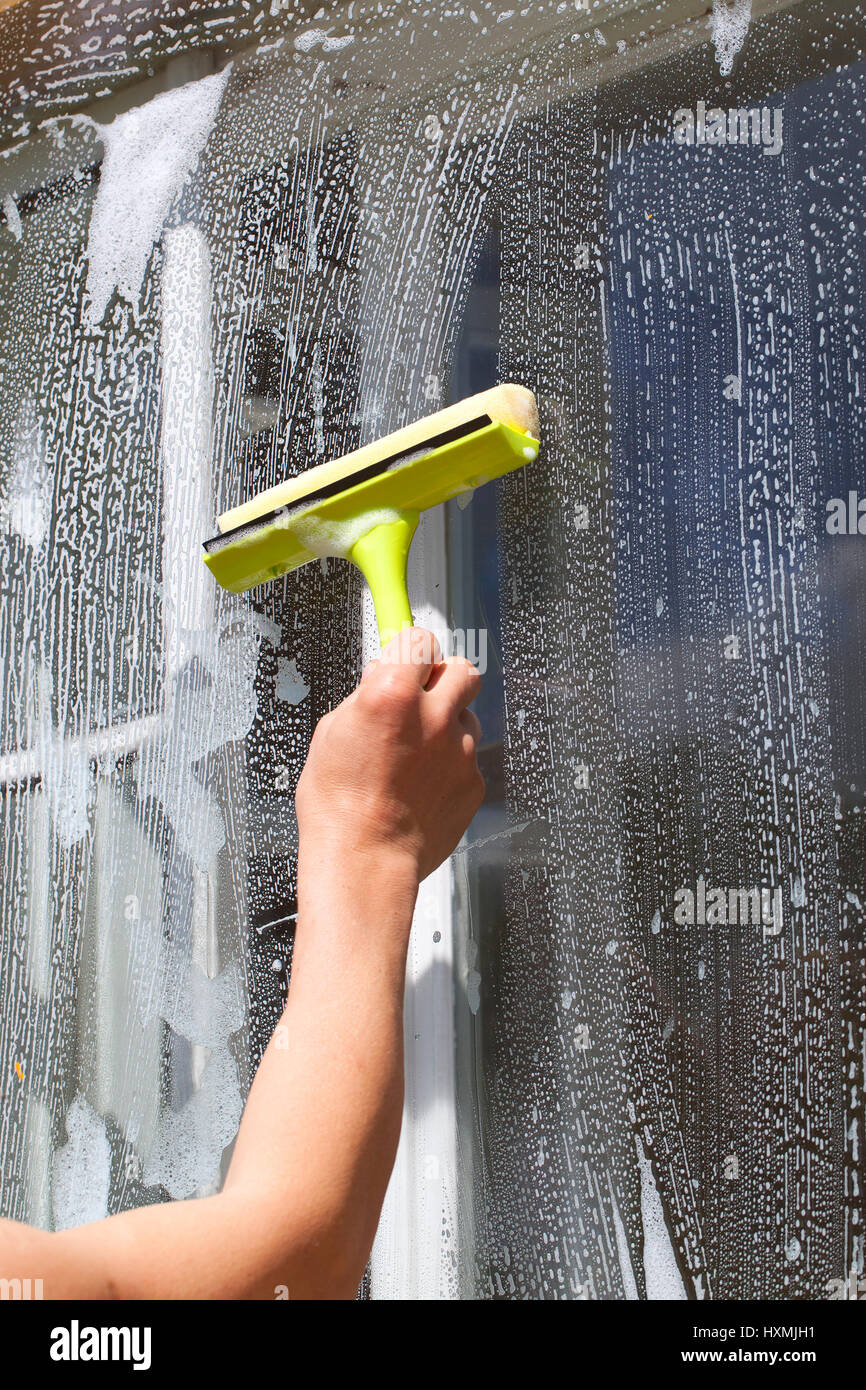 Hand carefully cleaning window Stock Photo - Alamy