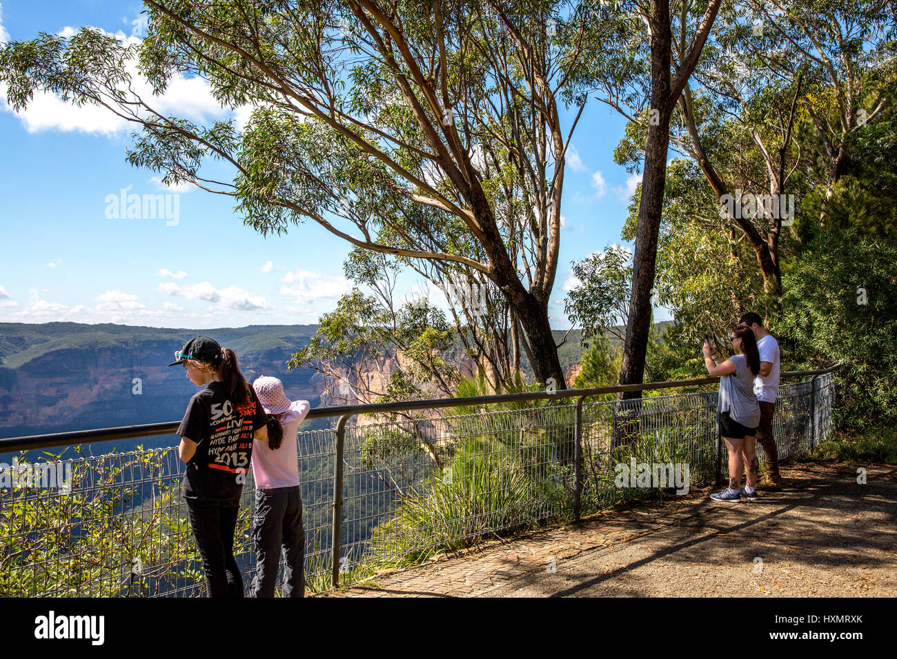 Evans lookout in the Blue mountains national park with people looking ...