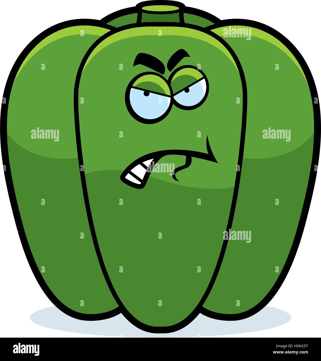 A cartoon illustration of a green bell pepper with an angry expression ...