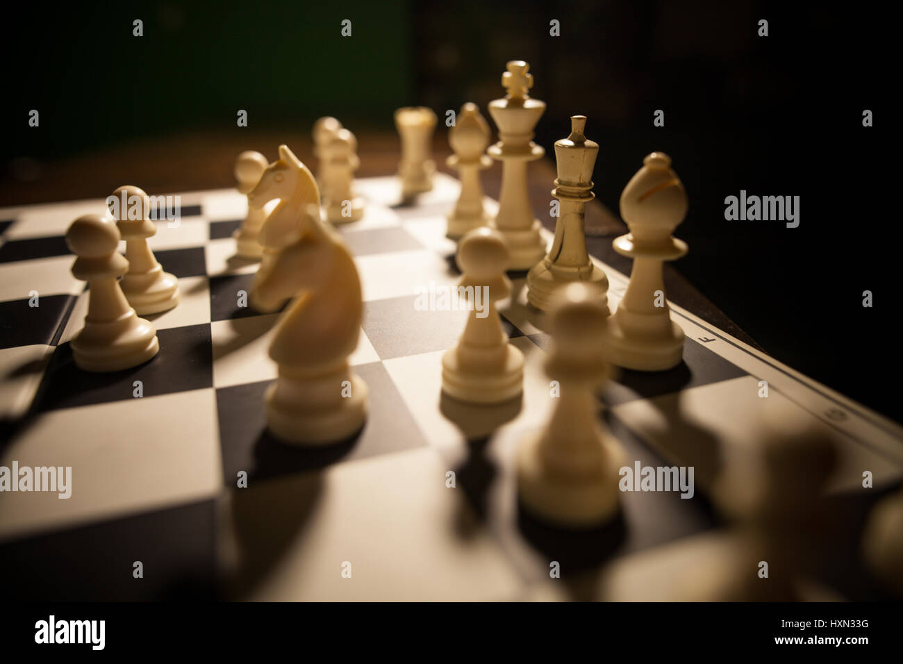 Image of the white pieces on a chess board, with shallow depth of field ...