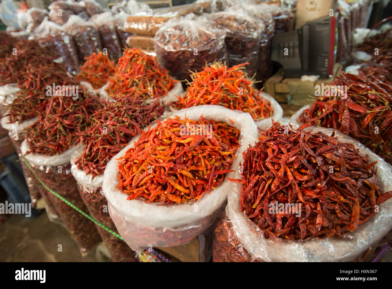 chili at a market in the city of Chiang Rai in North Thailand Stock ...