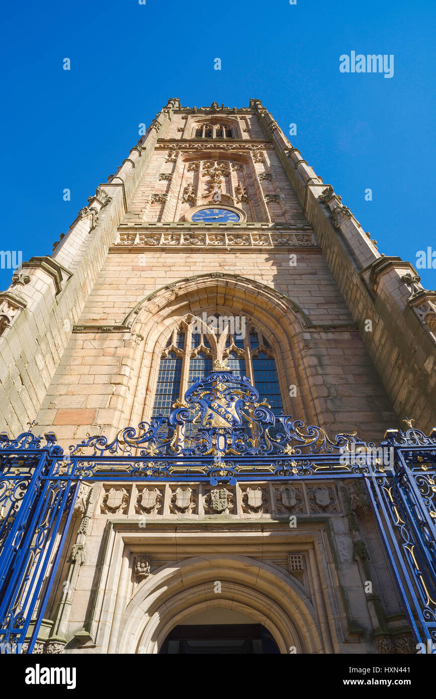 Derby Cathedral, low angle view of the 16th century tower of Derby ...