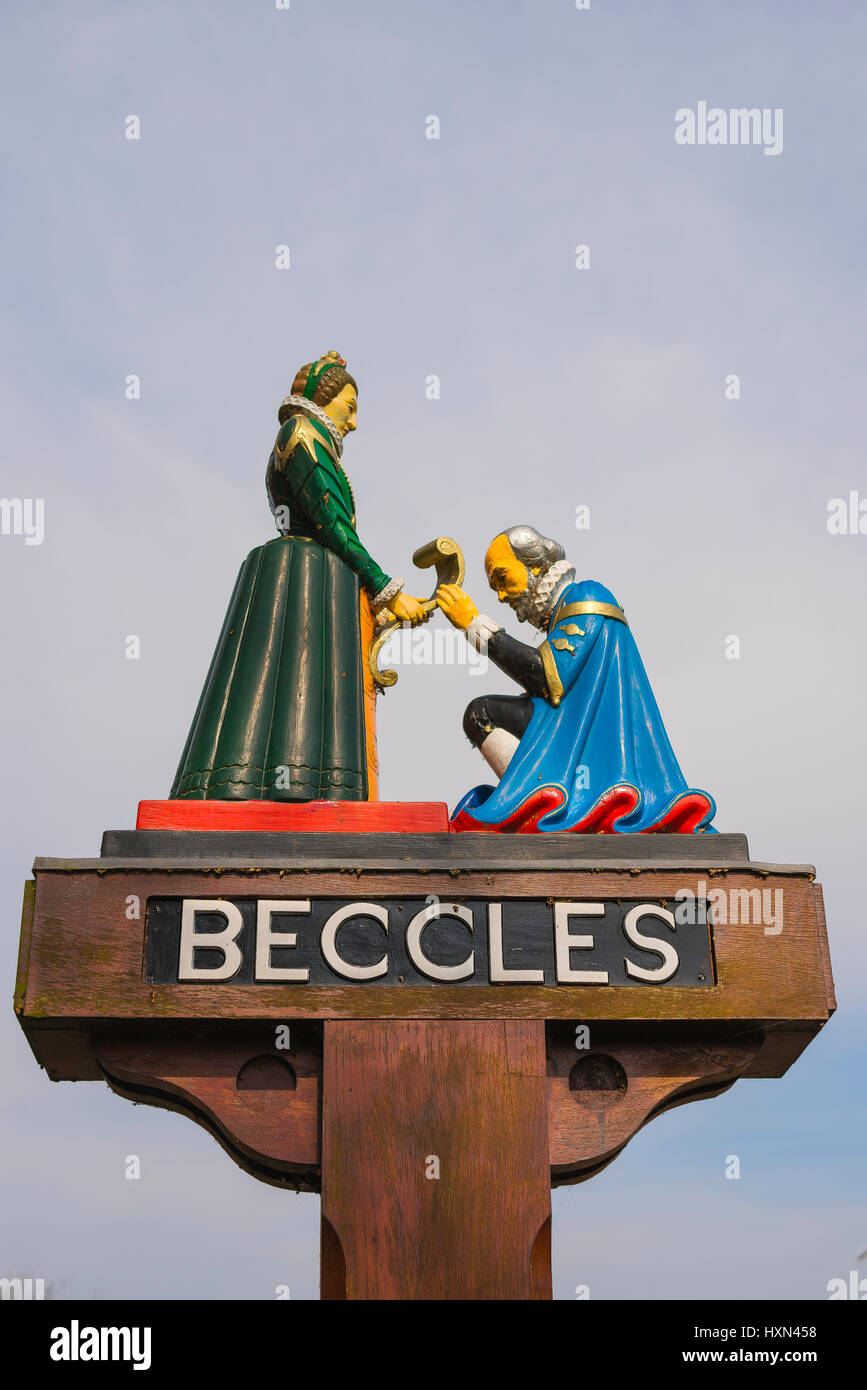 Beccles Suffolk, sign for the Suffolk town of Beccles, showing Queen ...
