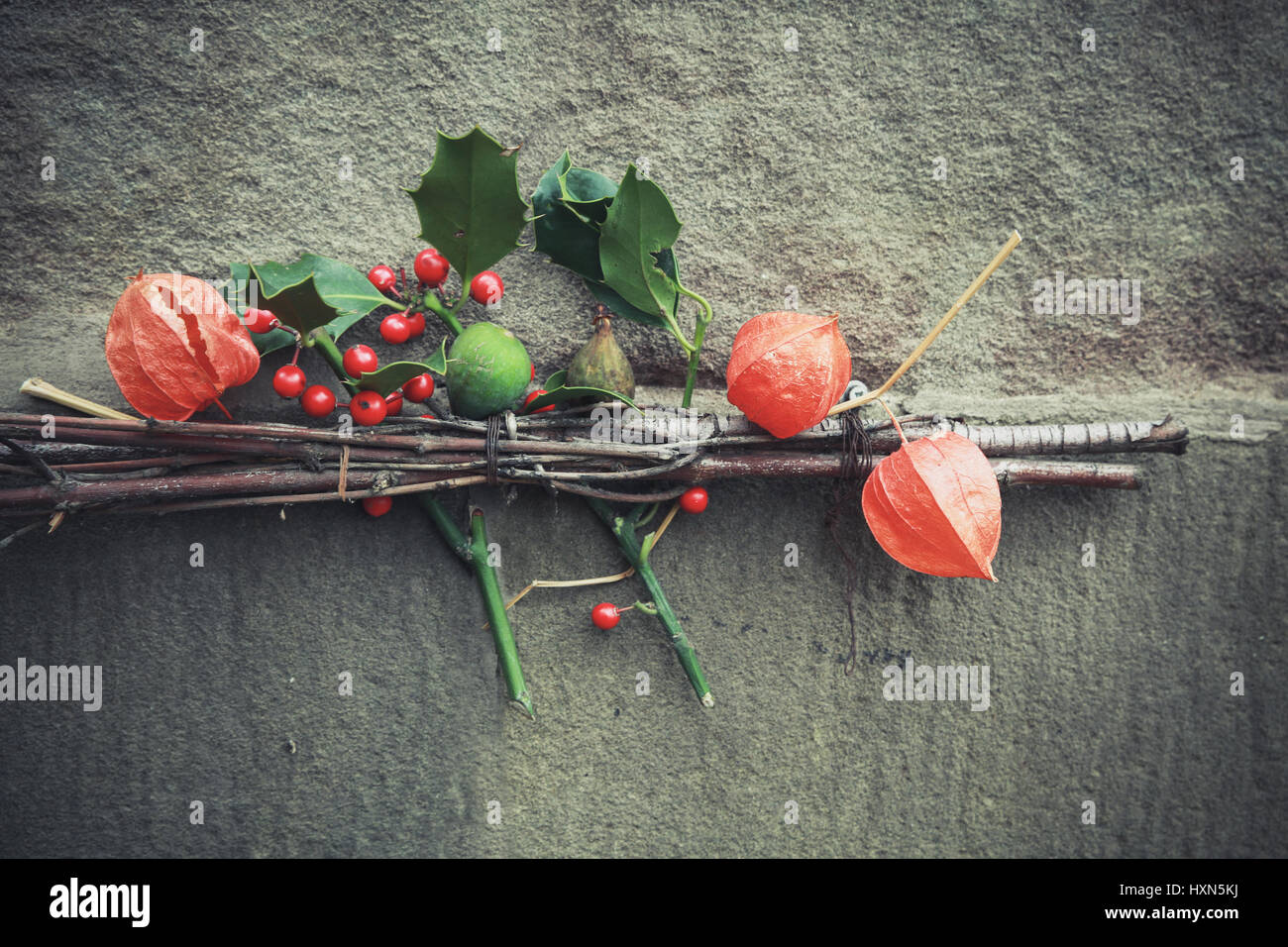 Bouquet of with dry physalis husk, decorative wall installation Stock ...