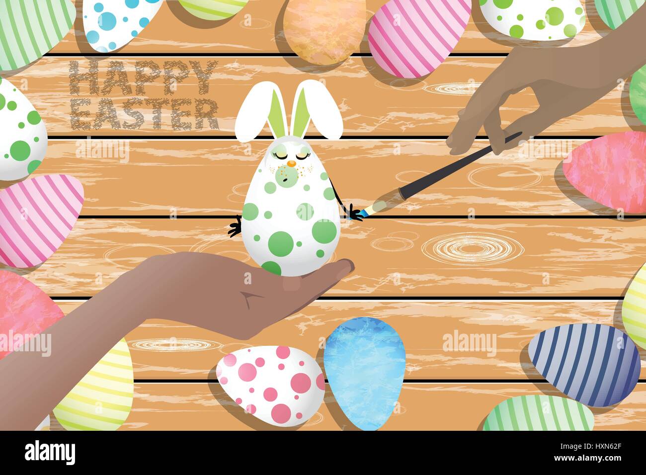 Easter beautiful illustration. Easter egg - a rabbit paints the eyes or ...