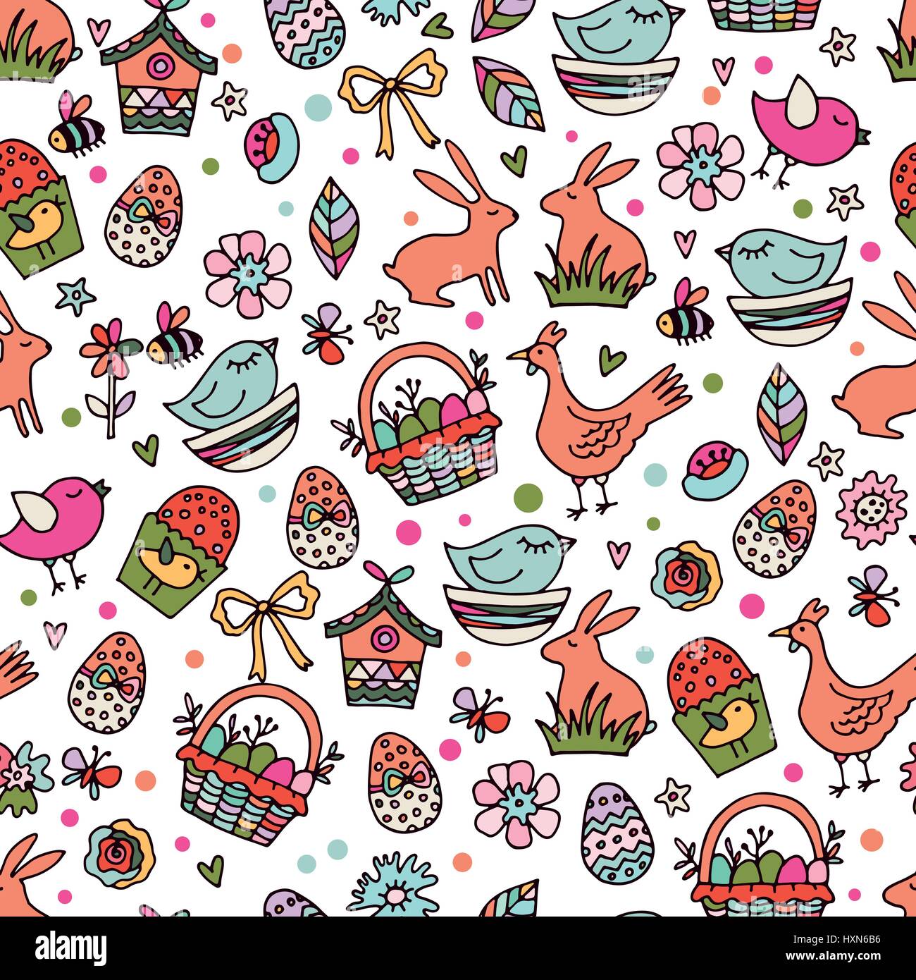Cartoon vector hand drawn Doodle Happy Easter illustration. Seamless ...