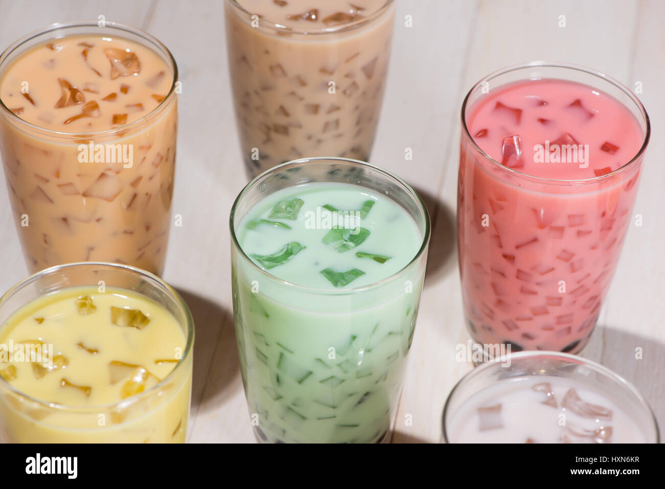 Bubble tea. Homemade Various Milk Tea with Pearls on wooden table Stock ...