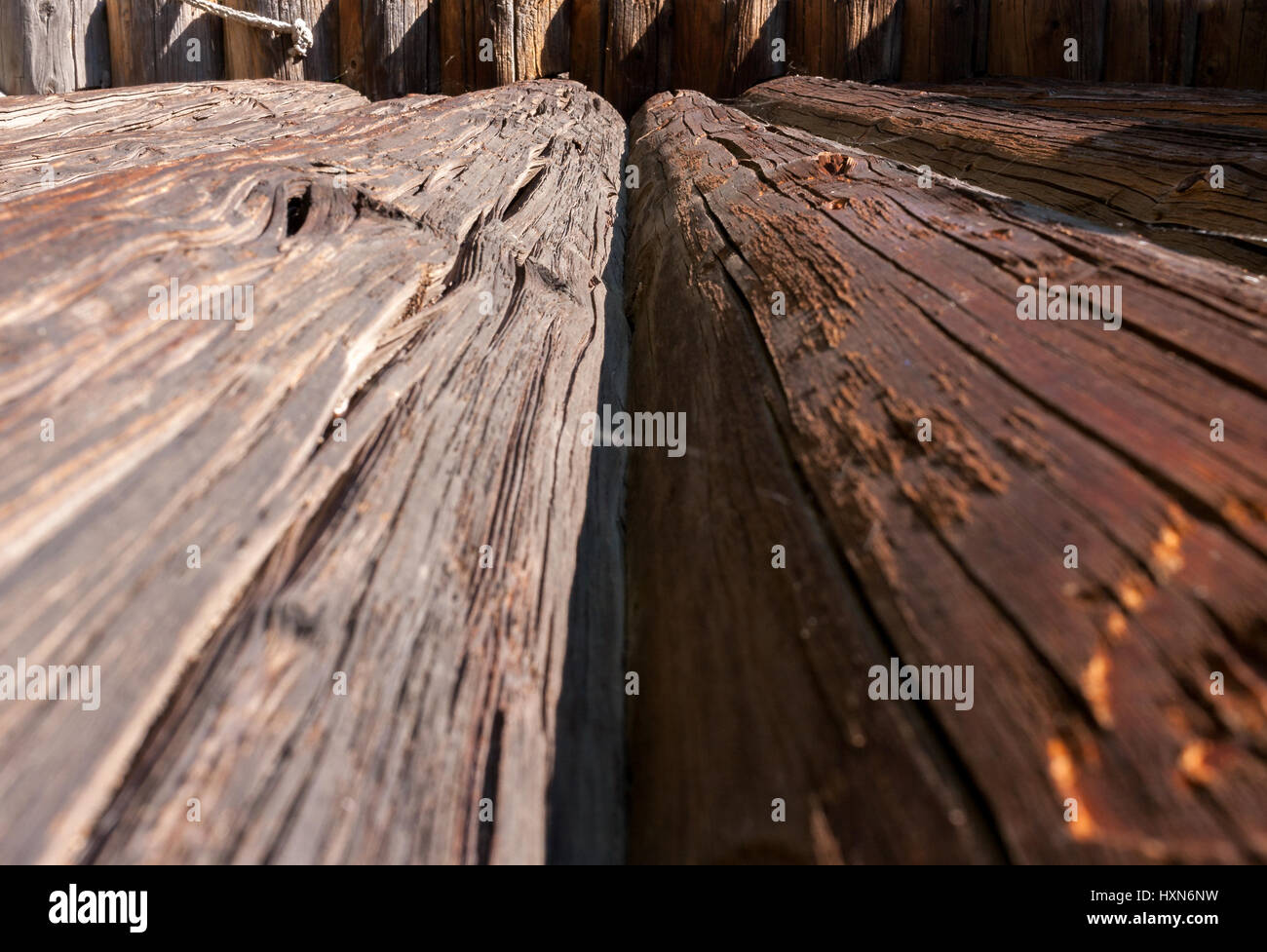 Perspective view of old obsolete cracked logs Stock Photo - Alamy