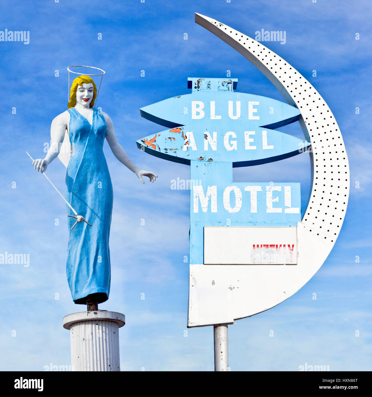 Composite of the sign and statue of the iconic Blue Angel Hotel in Las ...
