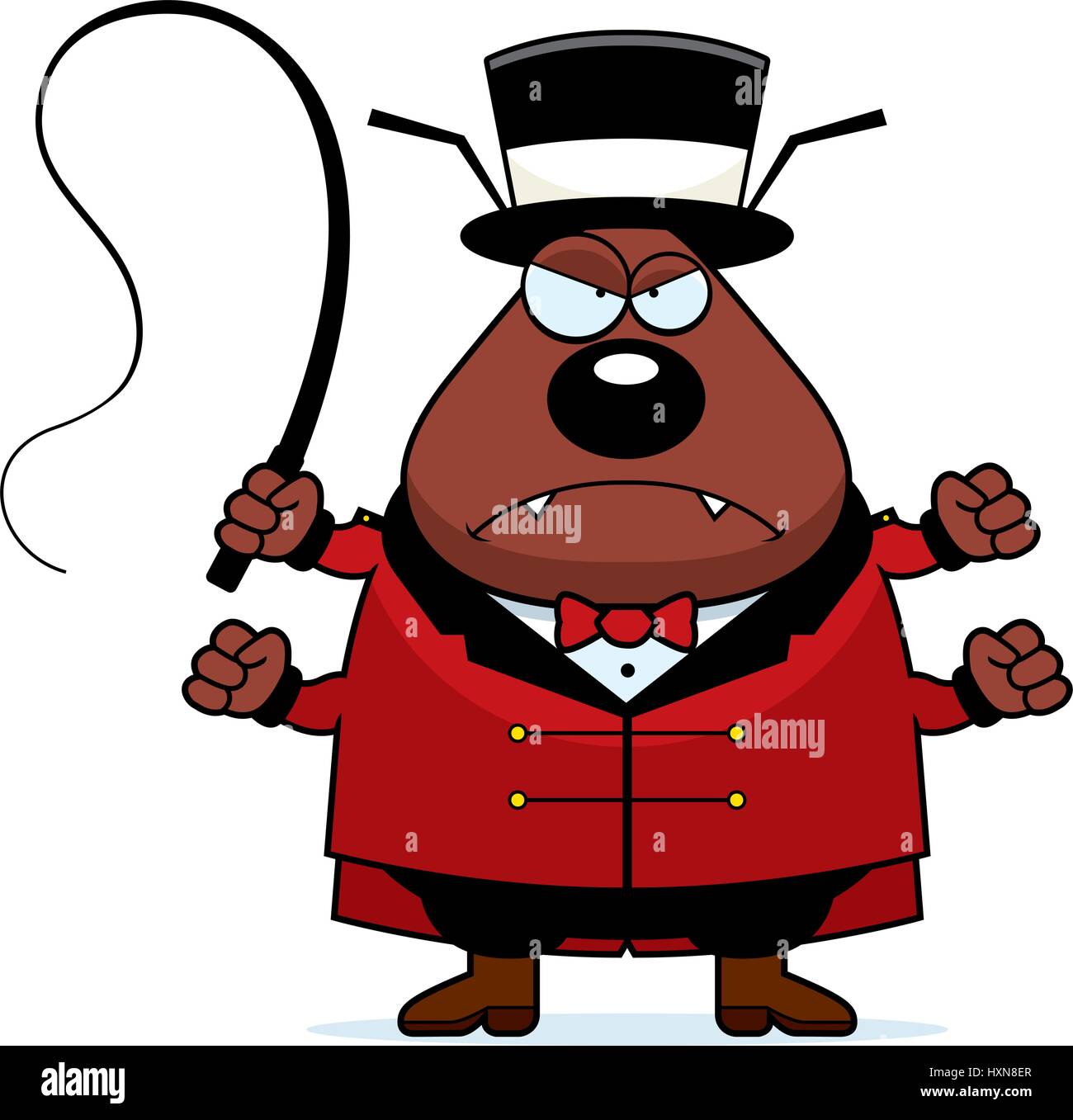 A cartoon illustration of a flea circus ringmaster with an angry ...