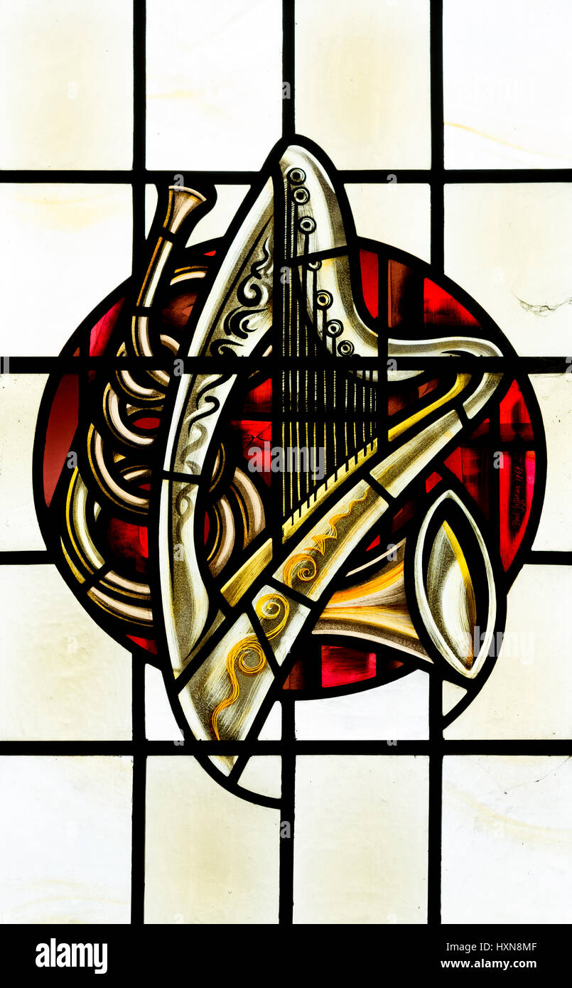 Musical instruments stained glass, St Peter`s Church, March ...