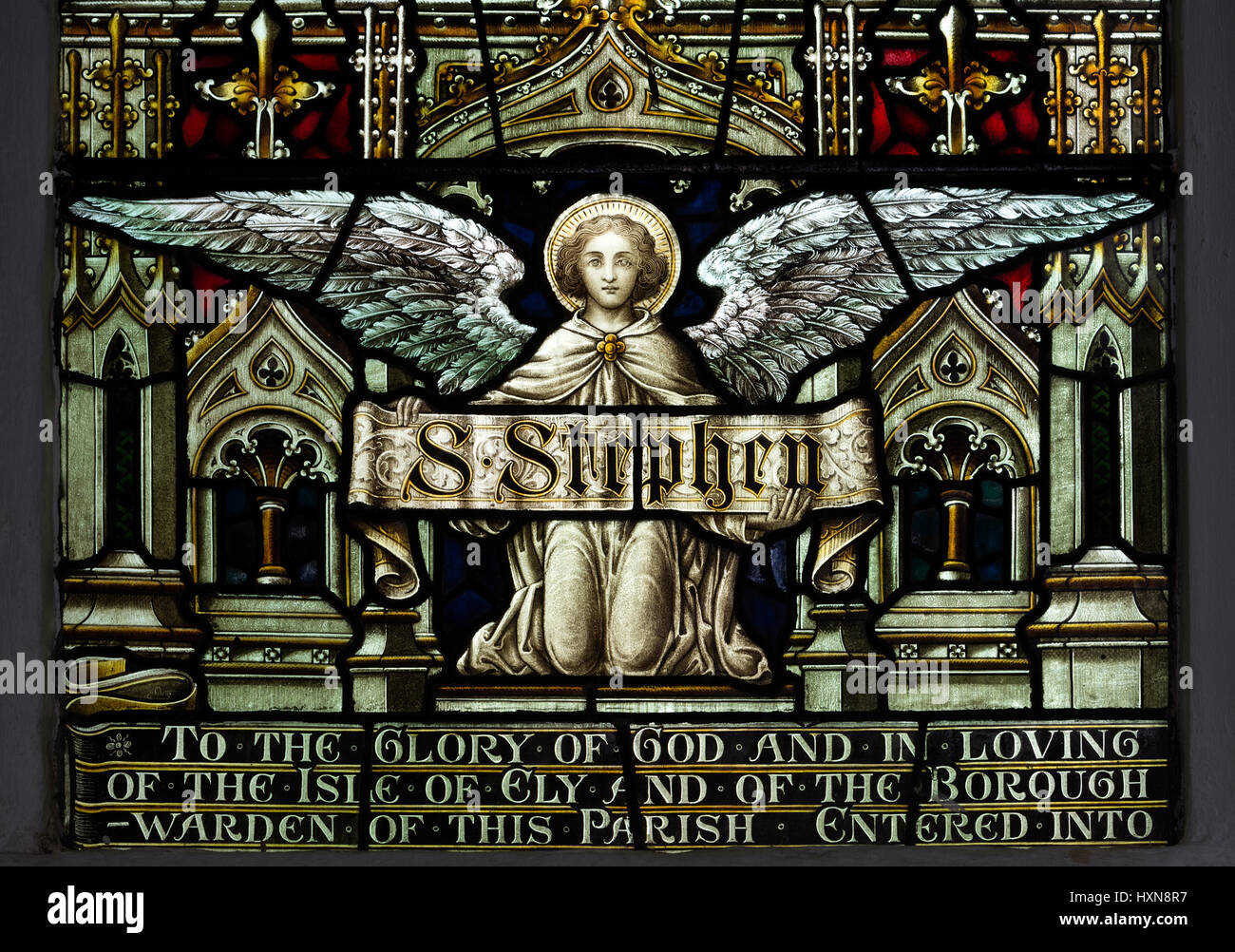 Angel holding Saint Stephen scroll stained glass, St Peter and St Paul ...