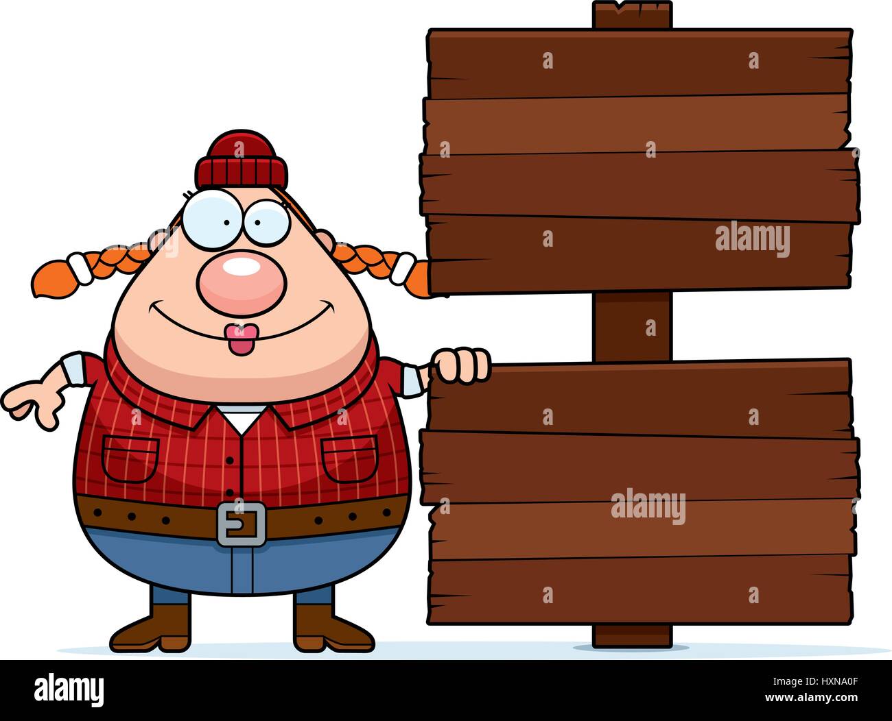 A cartoon illustration of a woman lumberjack with a wooden sign Stock ...