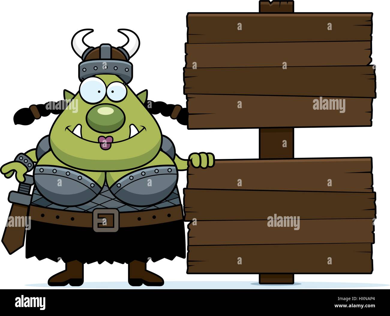 A cartoon illustration of a female orc with a wooden sign Stock Vector ...