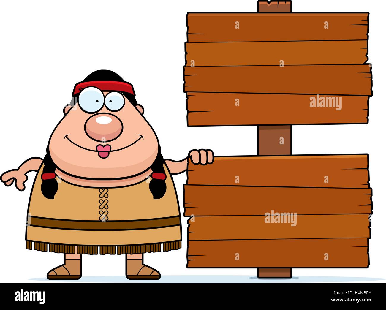 A cartoon illustration of a Native American woman with a wooden sign ...