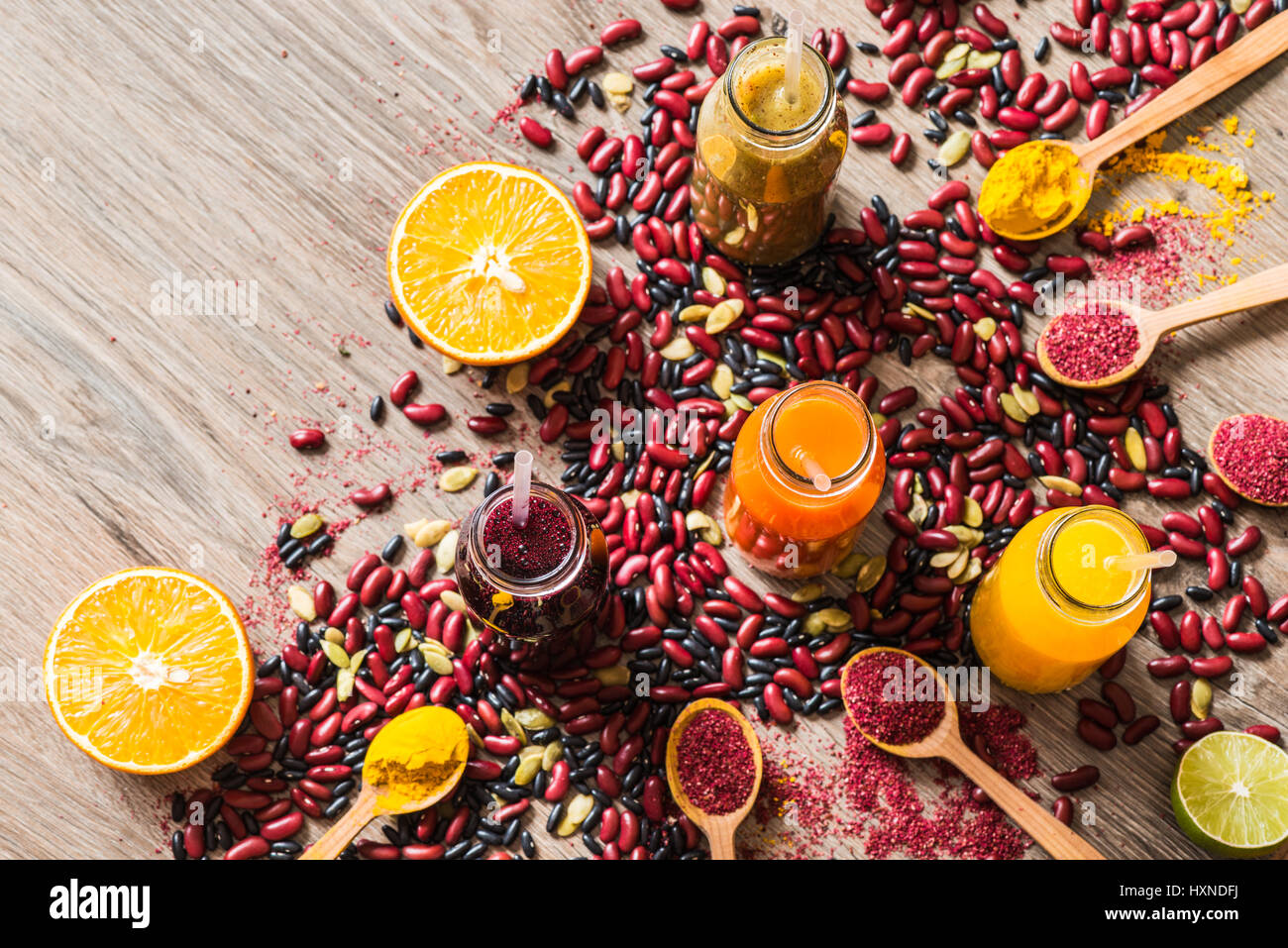 Detox diet. Different colorful fresh juices. top view Stock Photo - Alamy