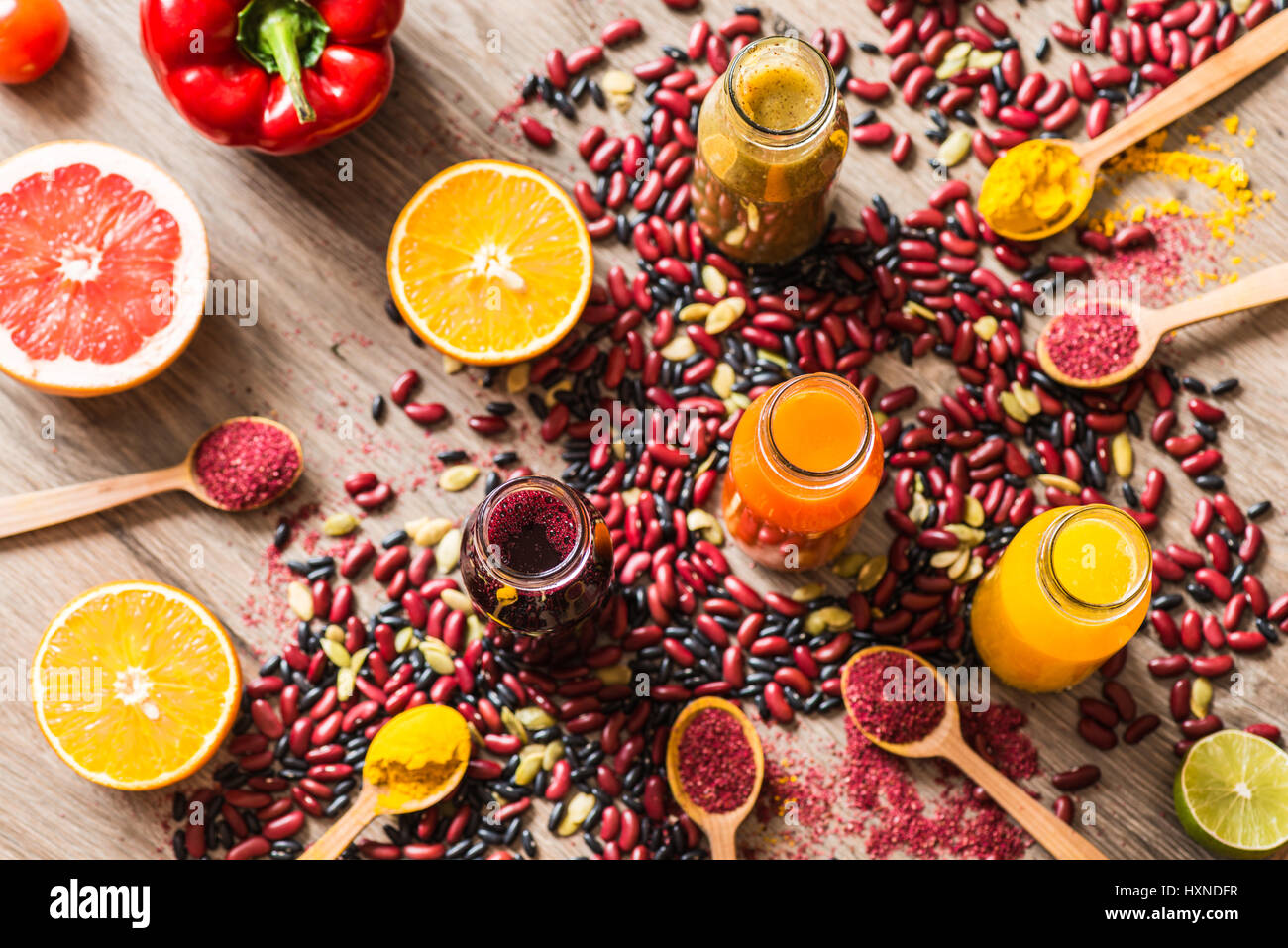 Detox diet. Different colorful fresh juices. top view Stock Photo - Alamy