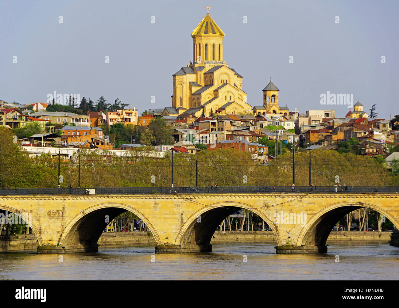 Holy Trinity (Sameba) Cathedral of Tblisi and Dry Bridge on Mtkvari ...