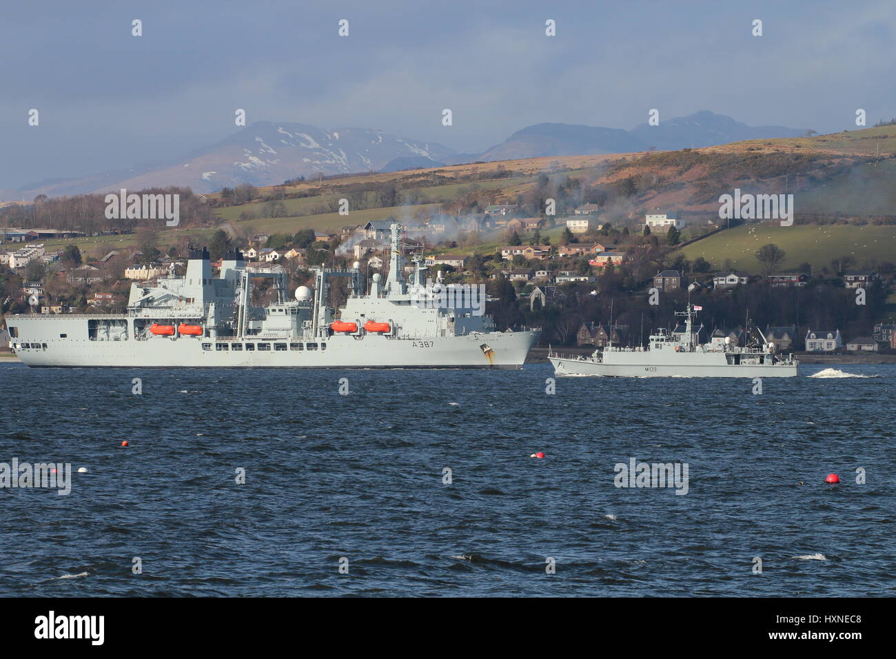 RFA Fort Victoria (A387) of the Royal Fleet Auxiliary, and HMS Bangor ...