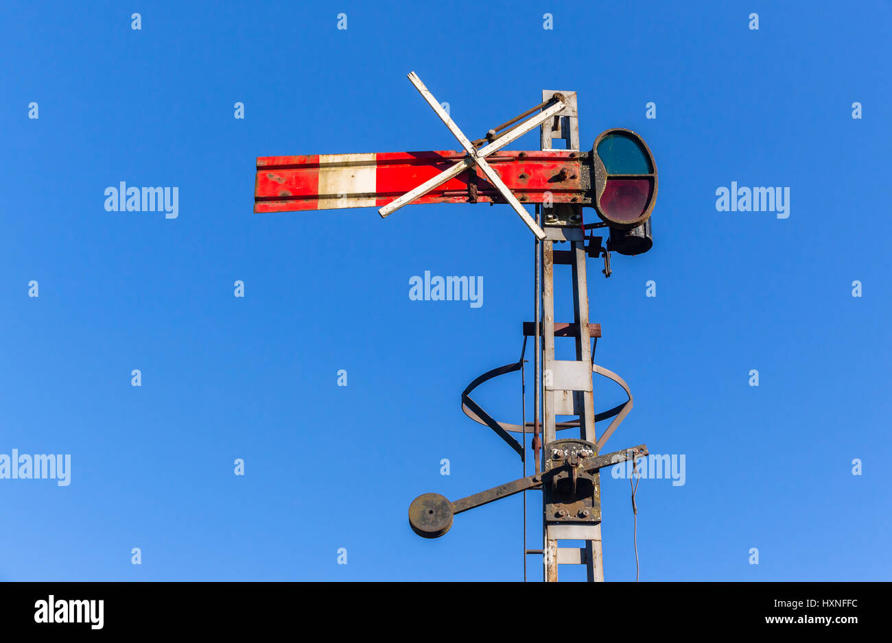 Trains old mechanical signal tower on tracks in blue sky Stock Photo ...
