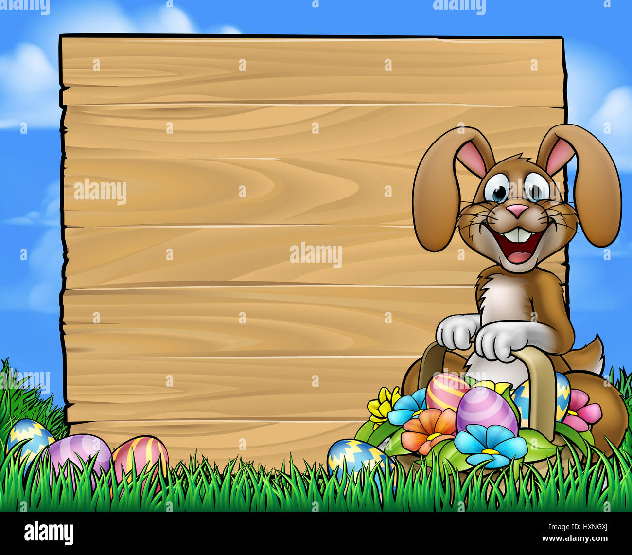 Easter background sign with the Easter bunny holding a hamper or basket ...