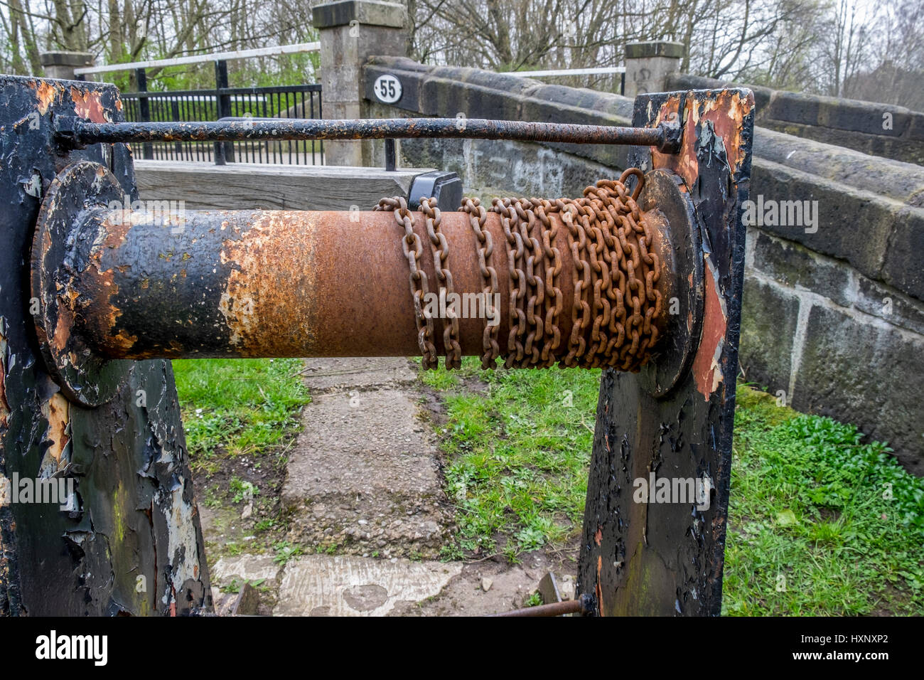 Wigan flight of locks with a chain to open the lock gates Stock Photo ...